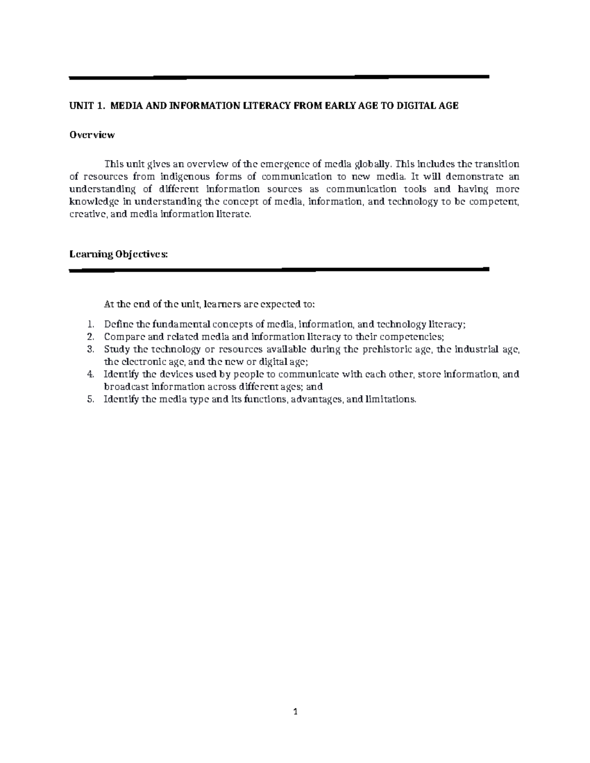 MIL-Lesson-1 - MIL - UNIT 1. MEDIA AND INFORMATION LITERACY FROM EARLY ...