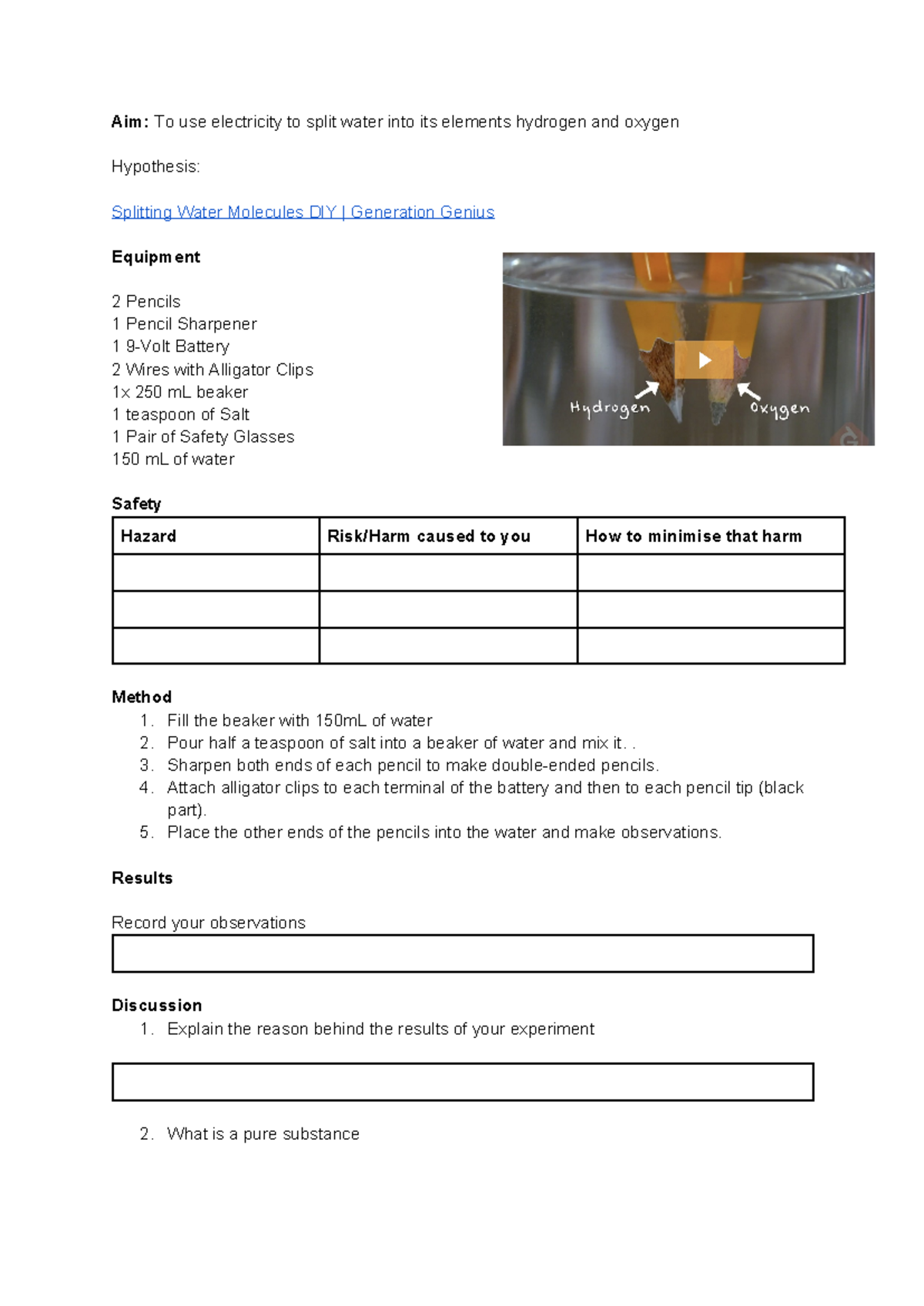 Splitting water practical - Aim: To use electricity to split water into ...