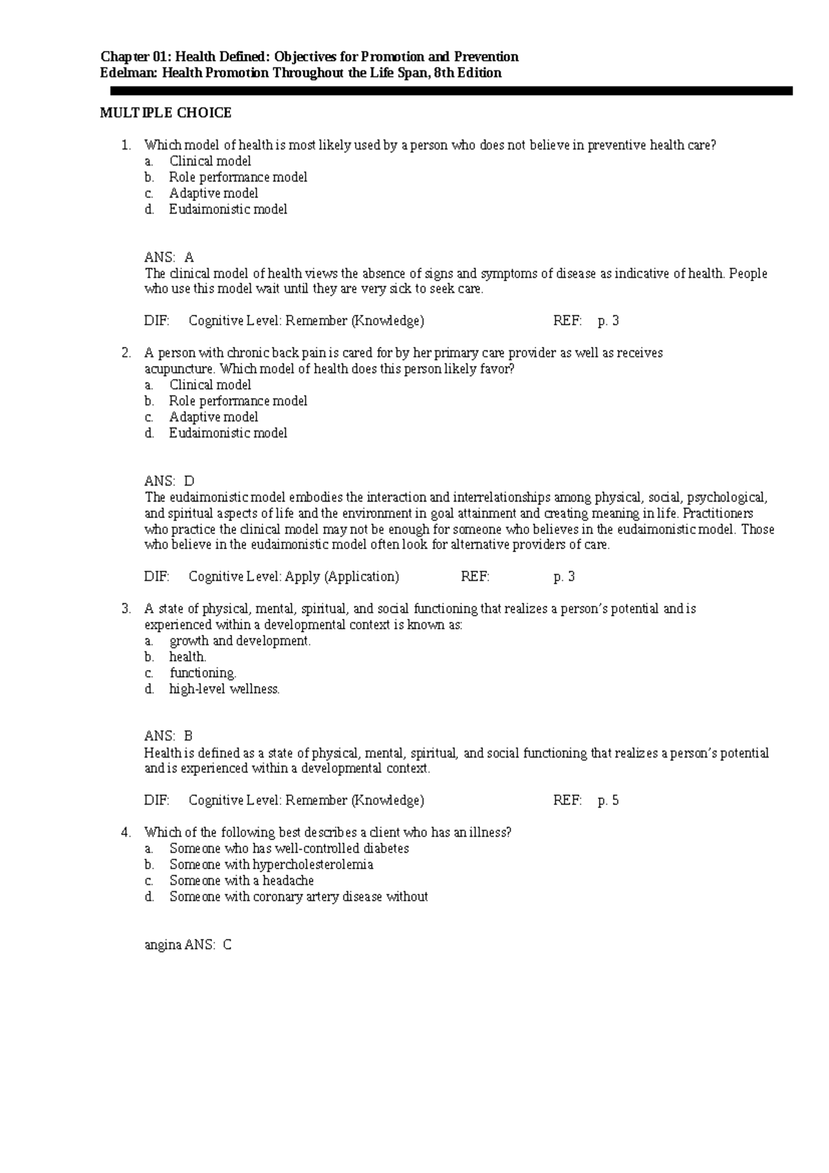 Chapter 1-3 Test Bank - Chapter 01: Health Defined: Objectives for ...
