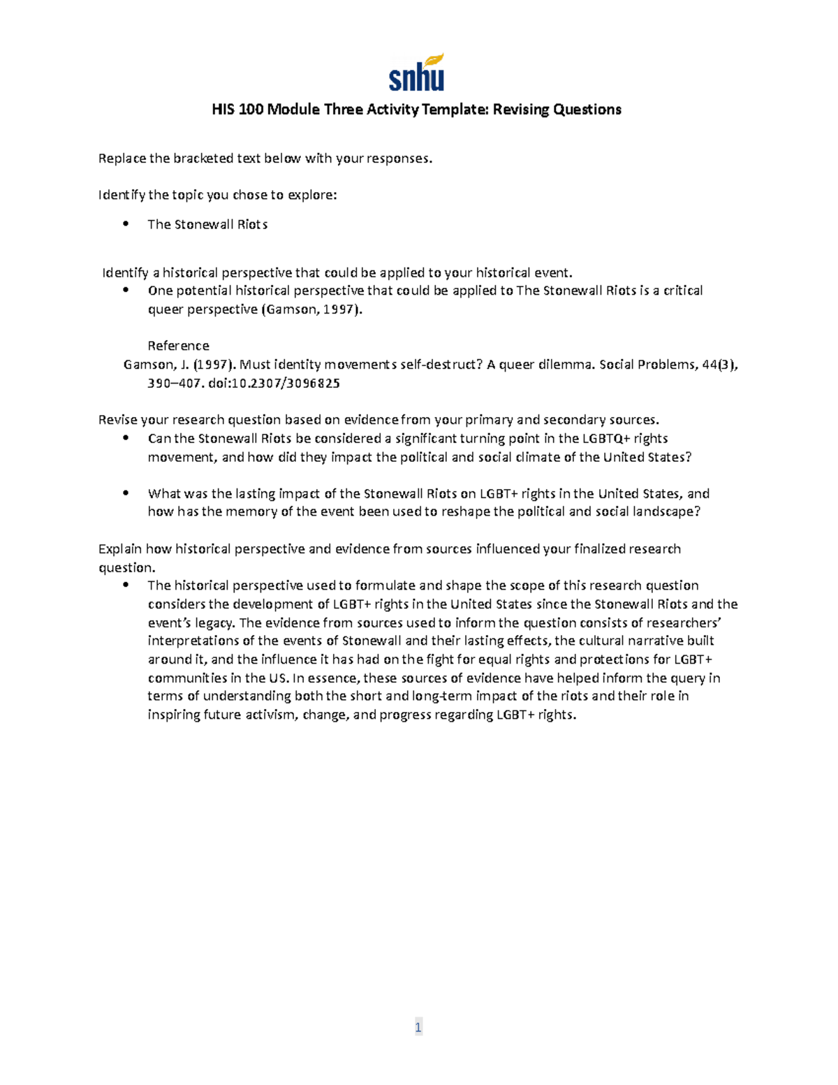 HIS 100 Module Three Activity Revising Questions Template - HIS 100 ...
