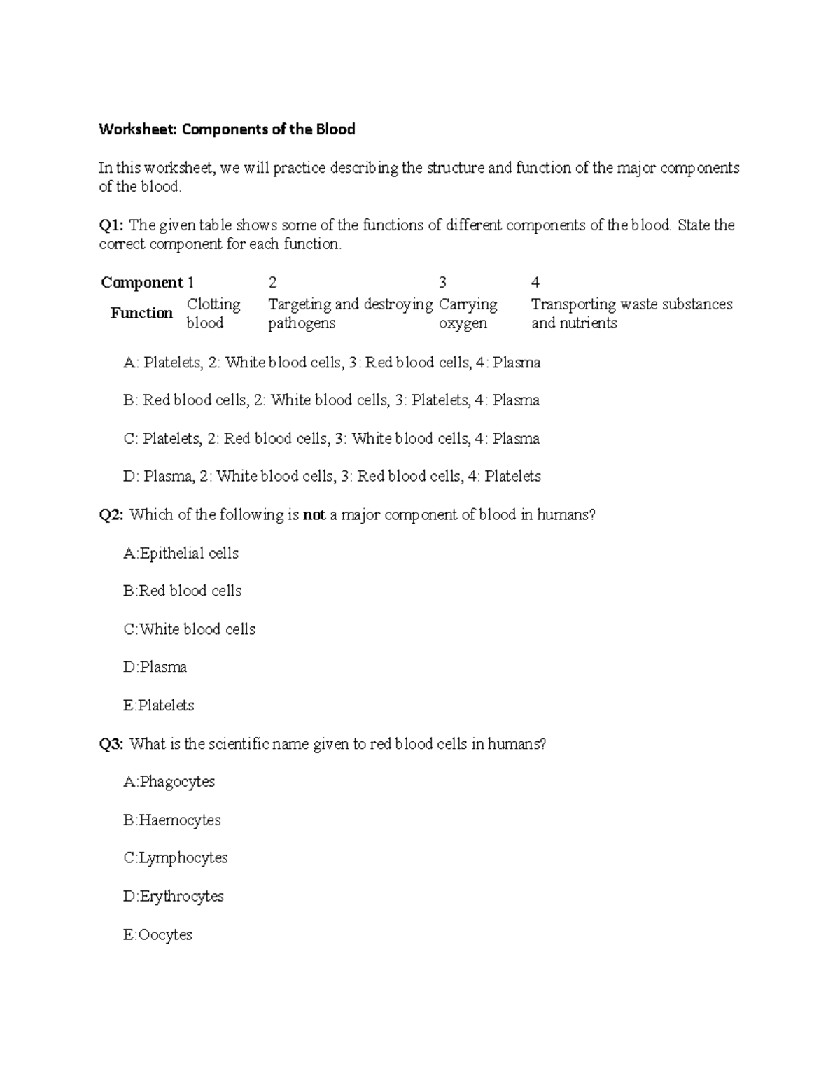 Blood Review Quiz - mc - Worksheet: Components of the Blood In this ...