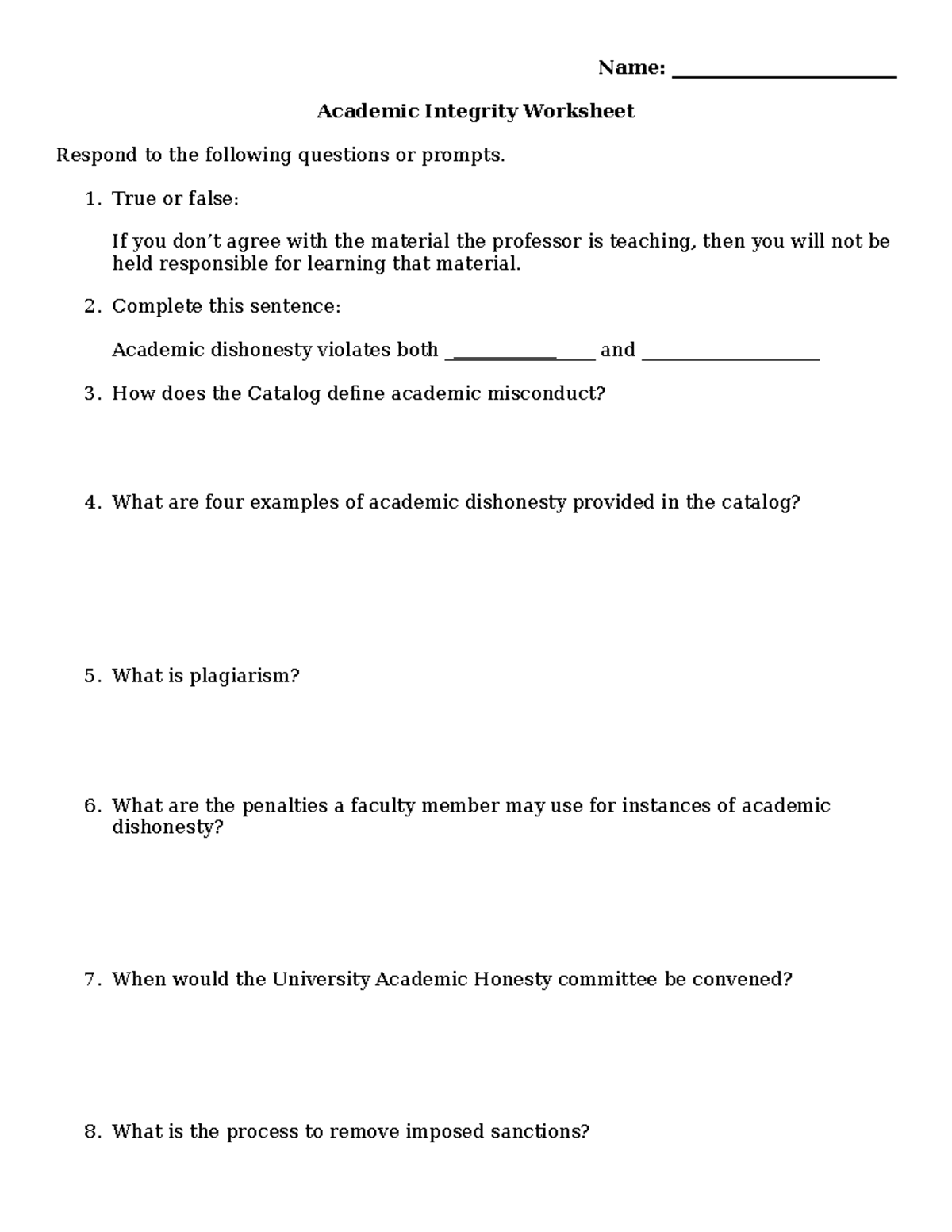 Academic Integrity Pre-Class Assignment - Name ...