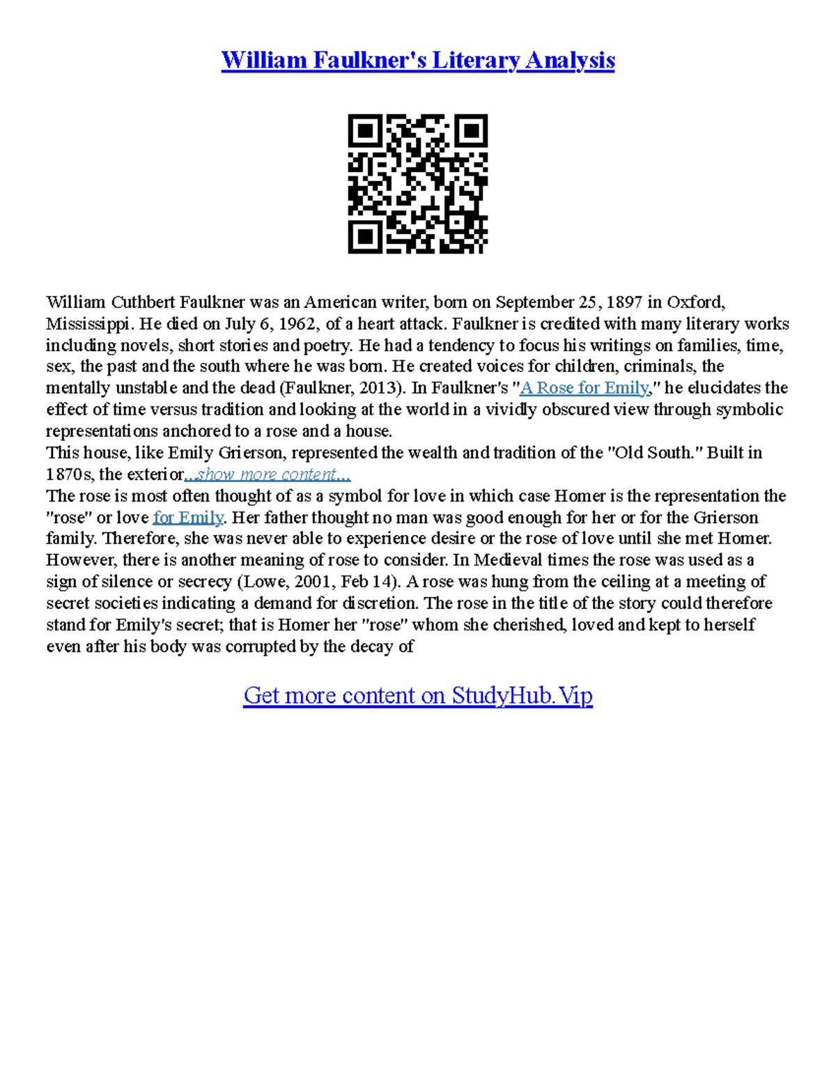 William Faulkner Essay - William Faulkner's Literary Analysis William ...