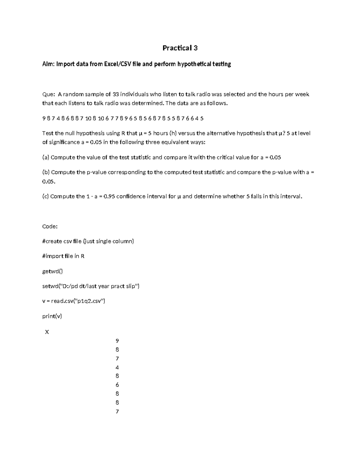 Syit 345 Practical 3 Aim Import Data From Excelcsv File And Perform Hypothetical Testing Que