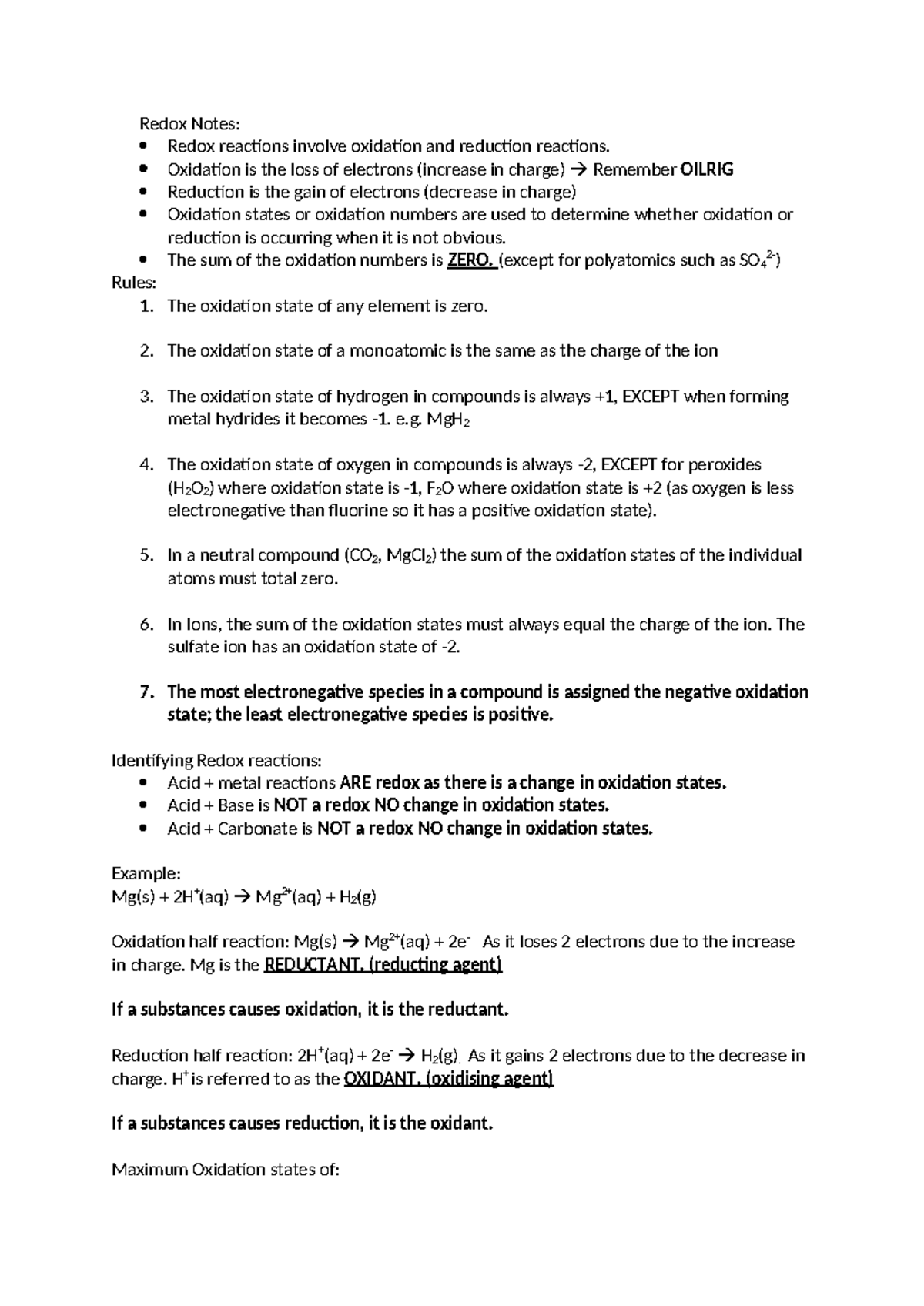 Redox Notes - Redox Notes: Redox reactions involve oxidation and ...