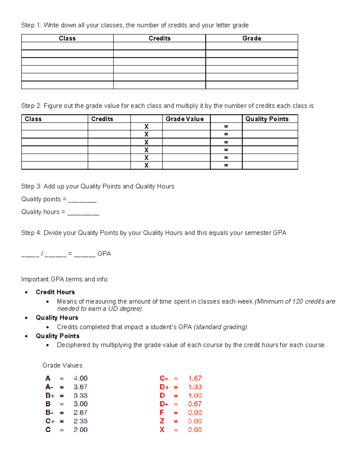 GPA Calculator Worksheet - Step 1: Write down all your classes, the ...
