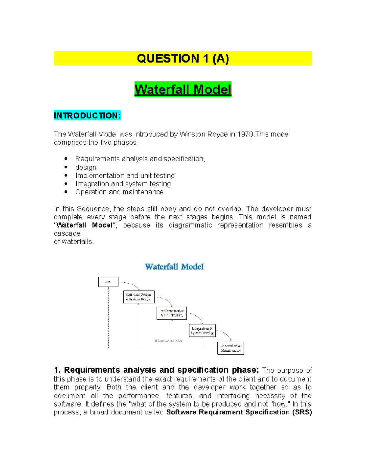 Software Engeering Assigment - QUESTION 1 (A) Waterfall Model ...