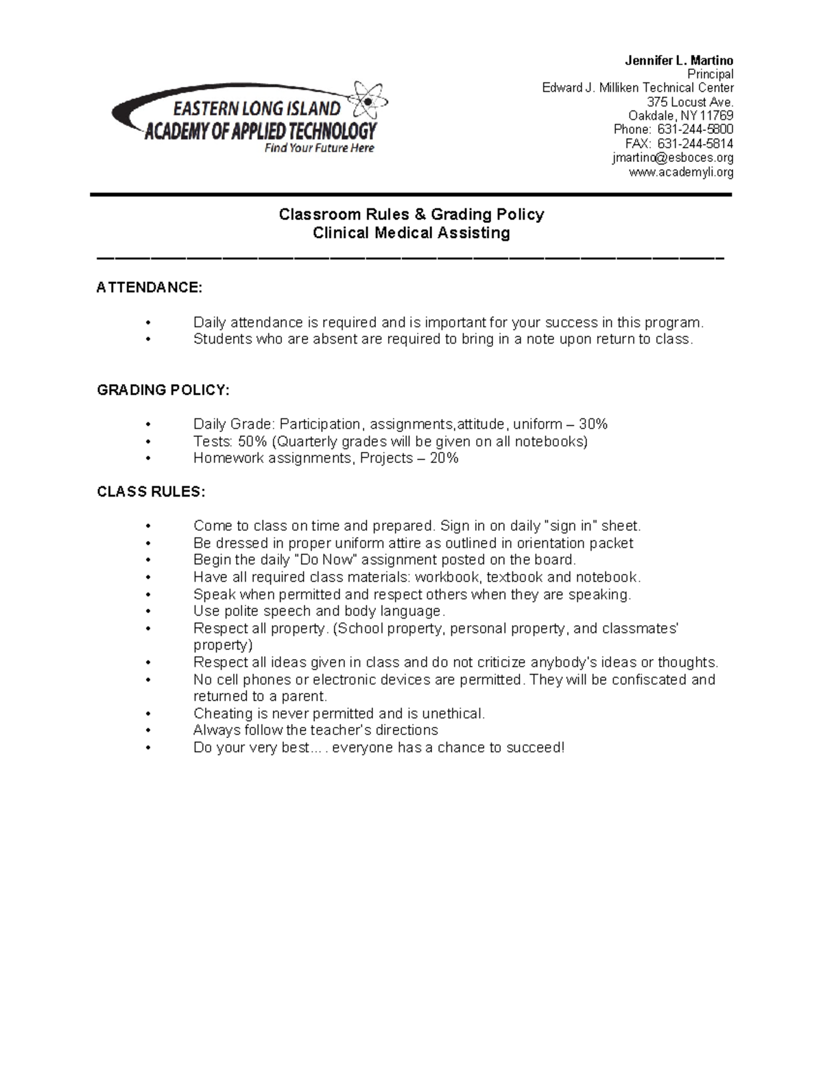 CMA Rules & Grading Policy - Jennifer L. Martino Principal Edward J ...