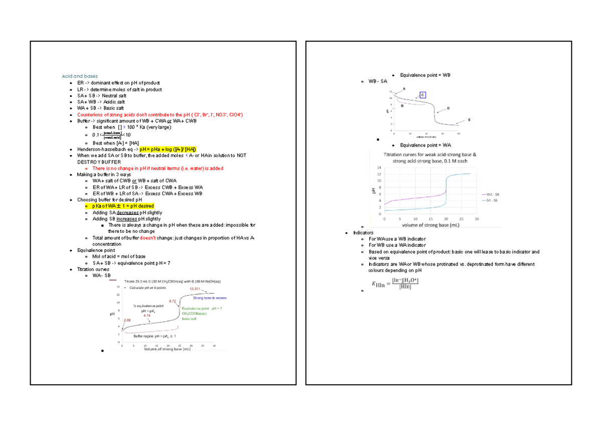 Midterm 2 chem (cumulative) (3 files merged) - Acid and bases ï ER -> dominant effect on pH of ...