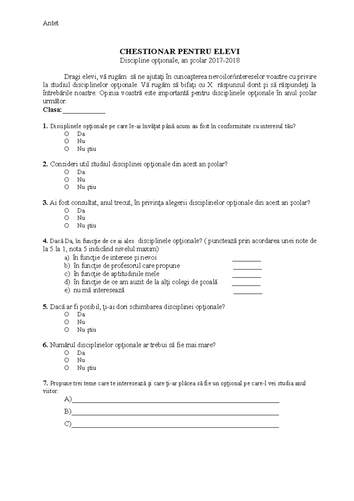 Chestionar pentru elevi si parinti cds - Antet CHESTIONAR PENTRU ELEVI ...