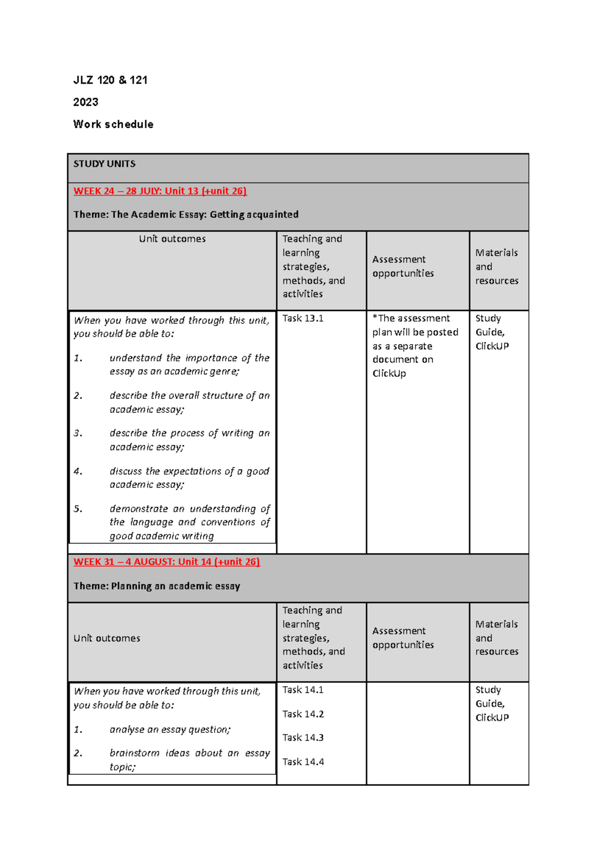 JLZ-Work plan-S2-2023 - JLZ 120 & 121 2023 Work schedule STUDY UNITS ...