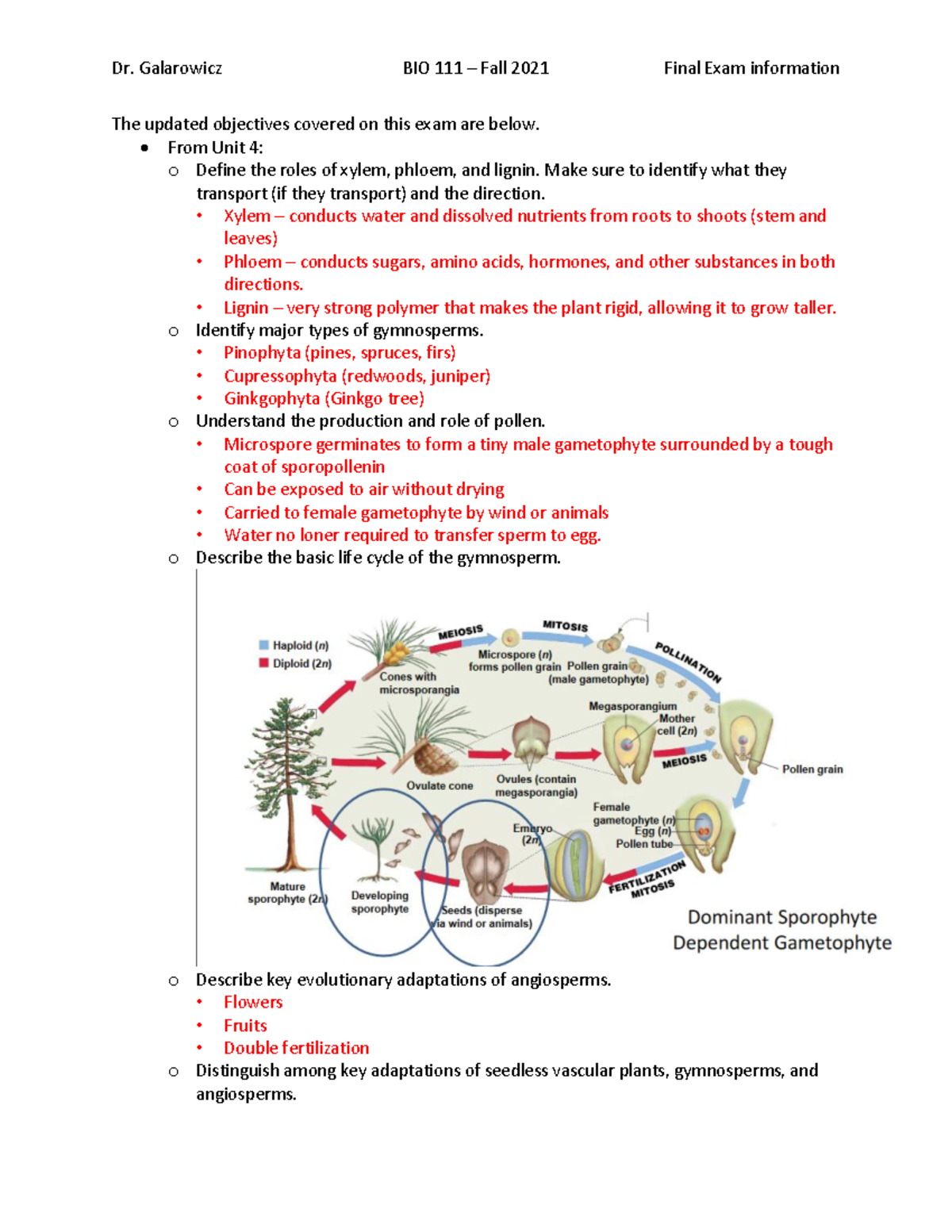 BIO 111 - Final Exam Information - The updated objectives covered on ...