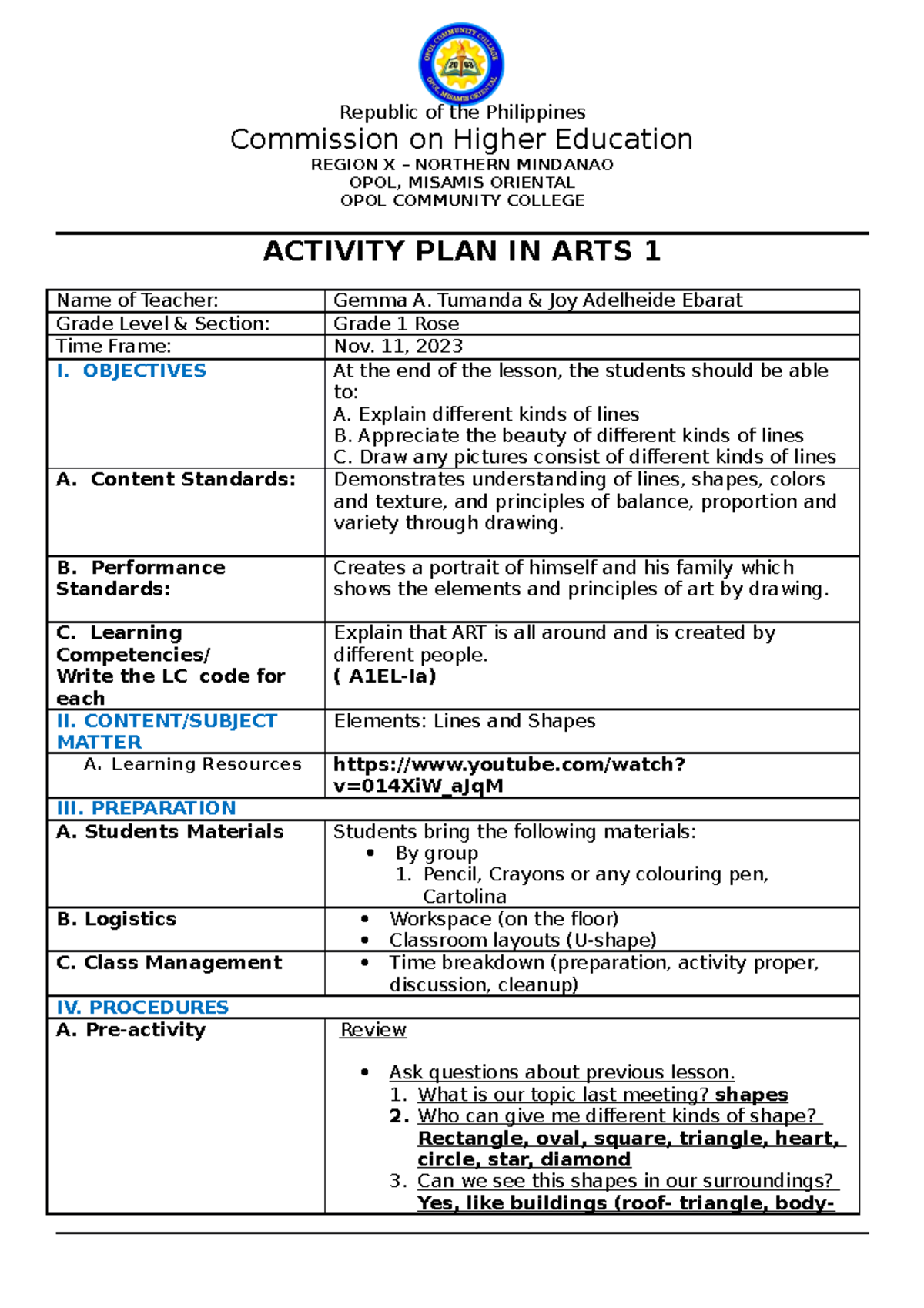 Activity Plan Arts Demo 1 - Commission on Higher Education REGION X ...