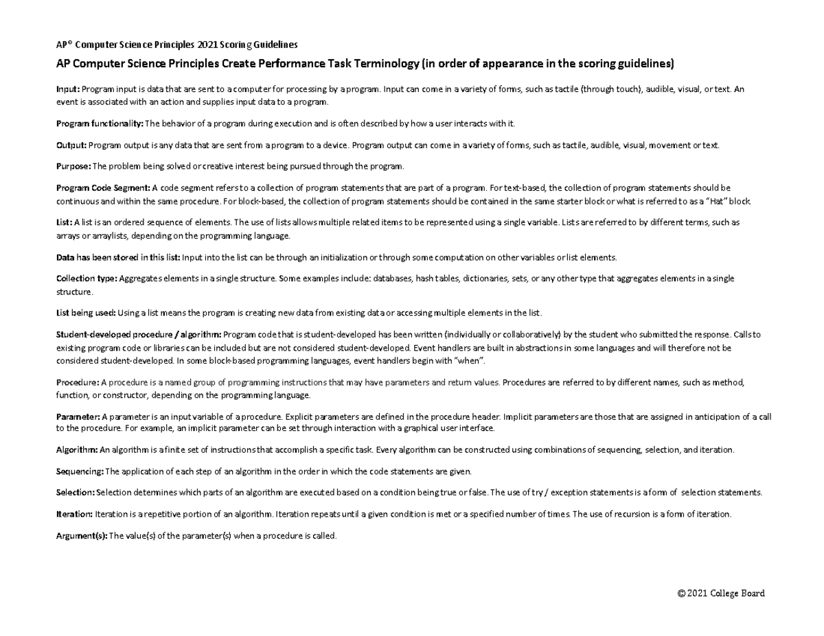 2021 AP Exam Administration Scoring Guidelines - AP Computer Science ...