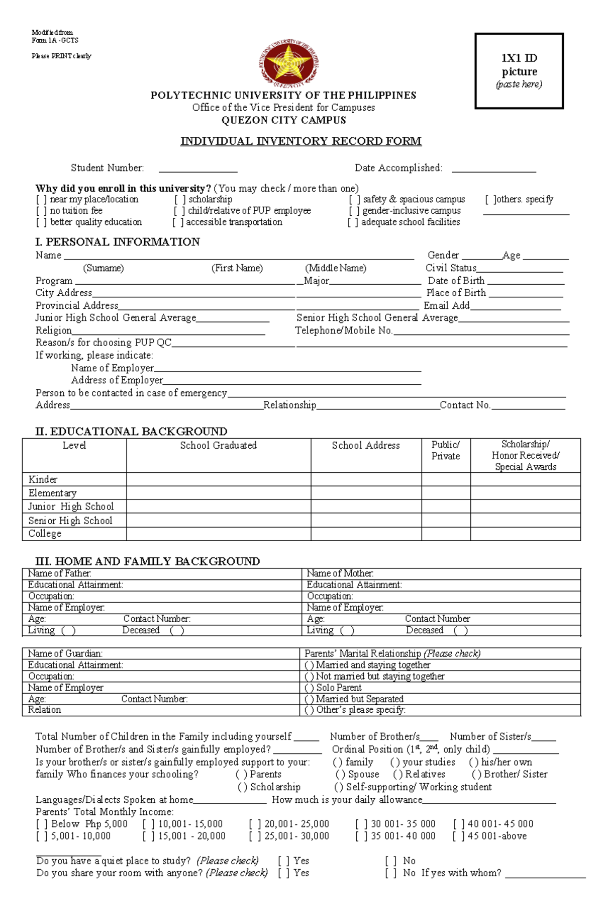 2024 PUP II FORM - Modified from Form 1A -GCTS Please PRINT clearly ...