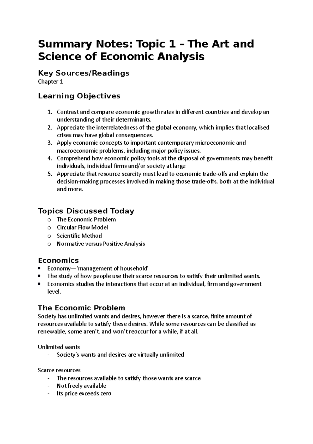 BU1003 Summary Notes 1 - Summary Notes: Topic 1 – The Art and Science ...
