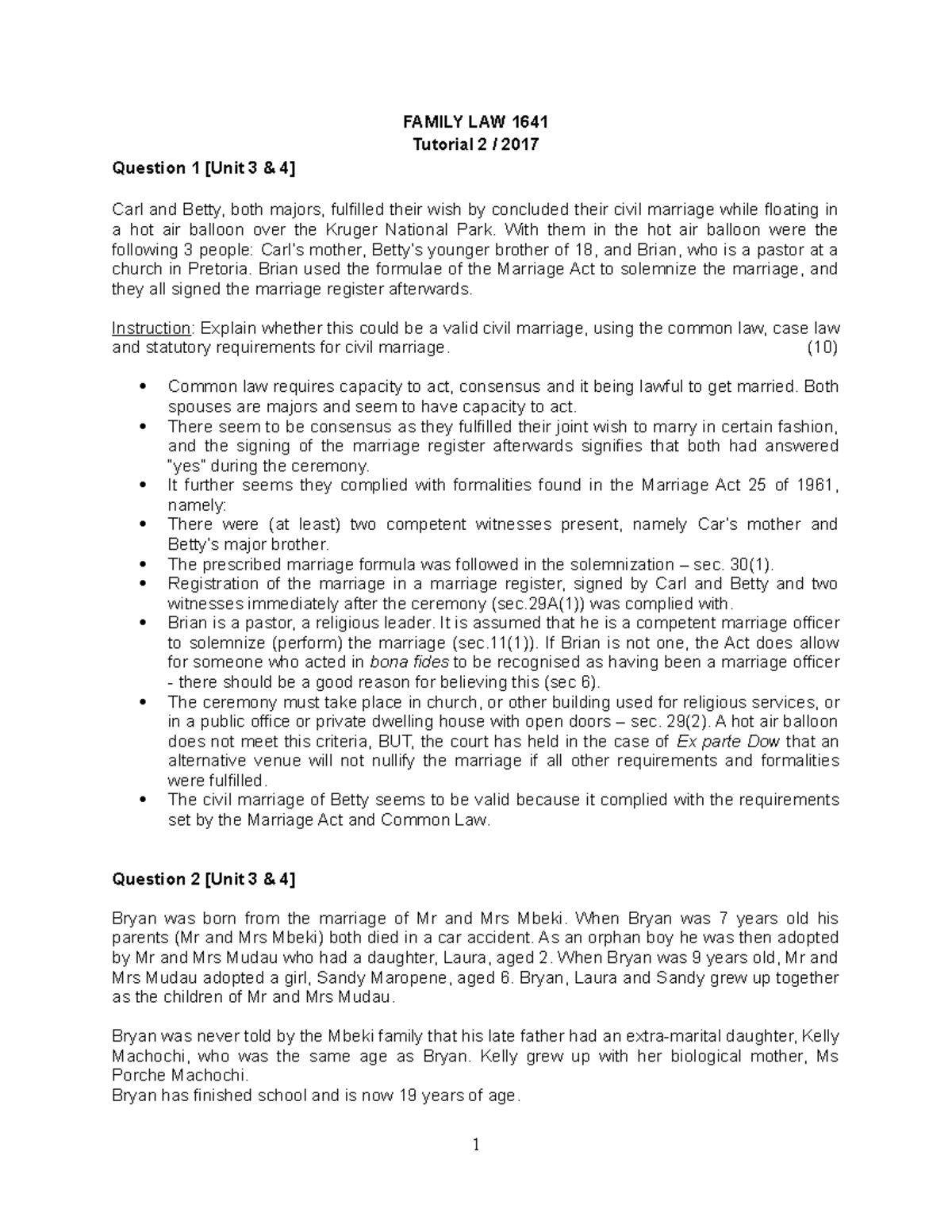 Tut 2 Memo - Tutorial work and memorandum. - FAMILY LAW 1641 Tutorial 2 / 2017 Question 1 [Unit ...