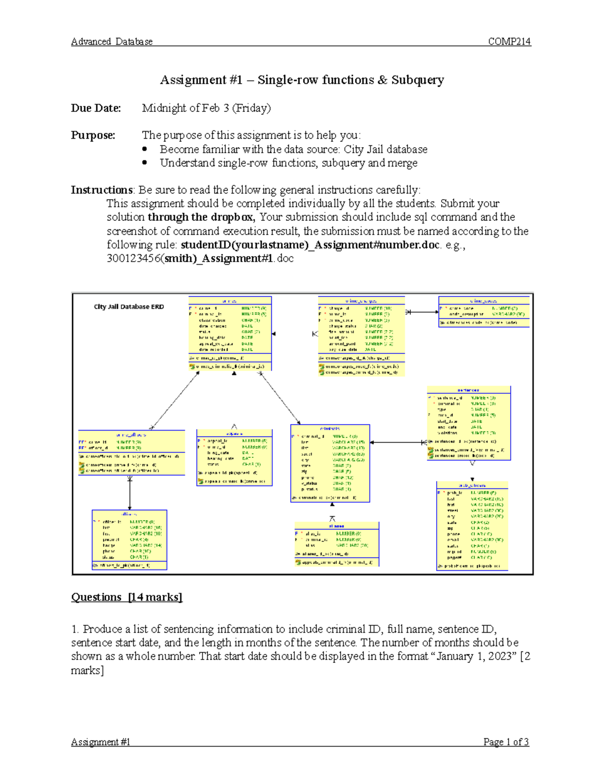 Assignment 1 - Advanced Database COMP Assignment #1 – Single-row functions & Subquery Due Date ...