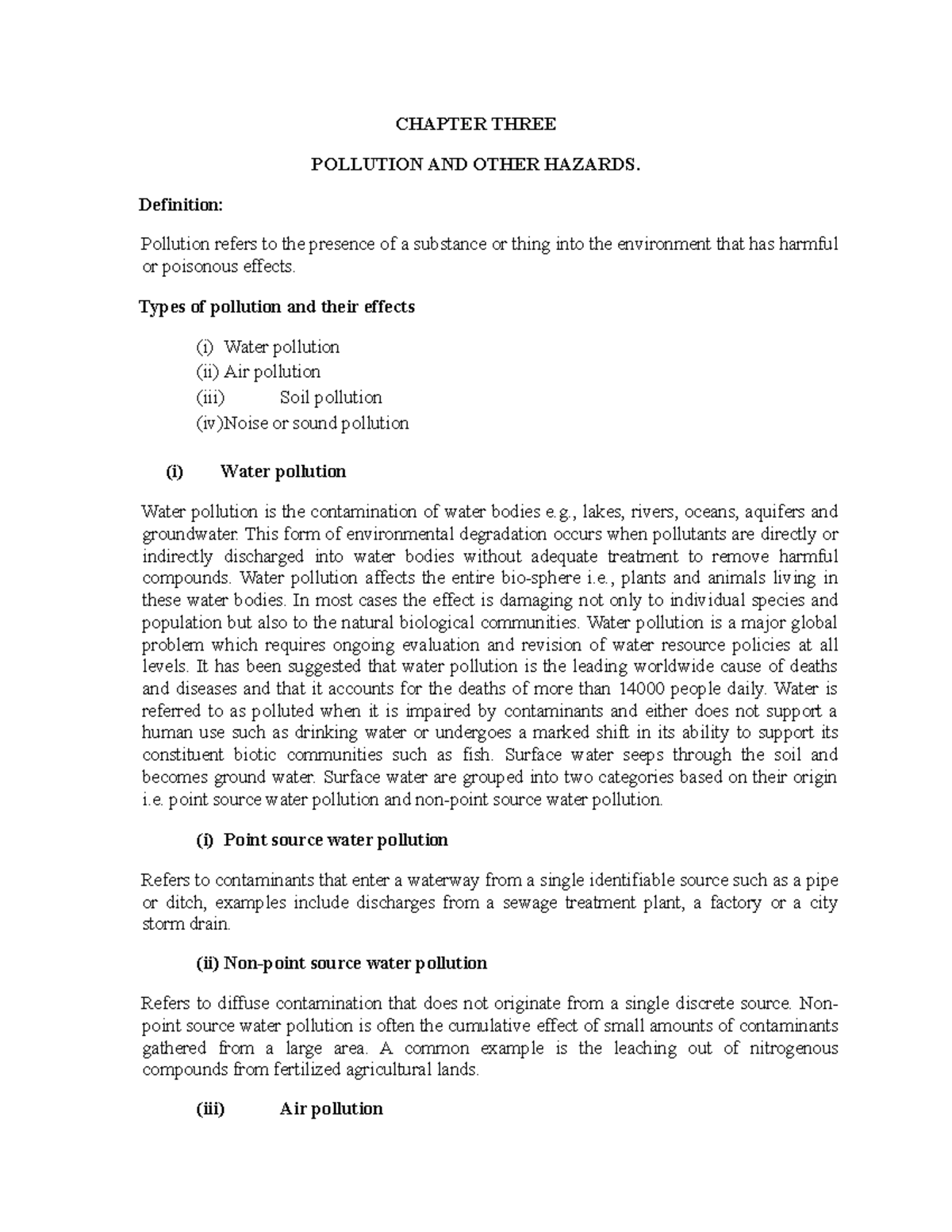 Pollution AND Health Hazards - CHAPTER THREE POLLUTION AND OTHER ...