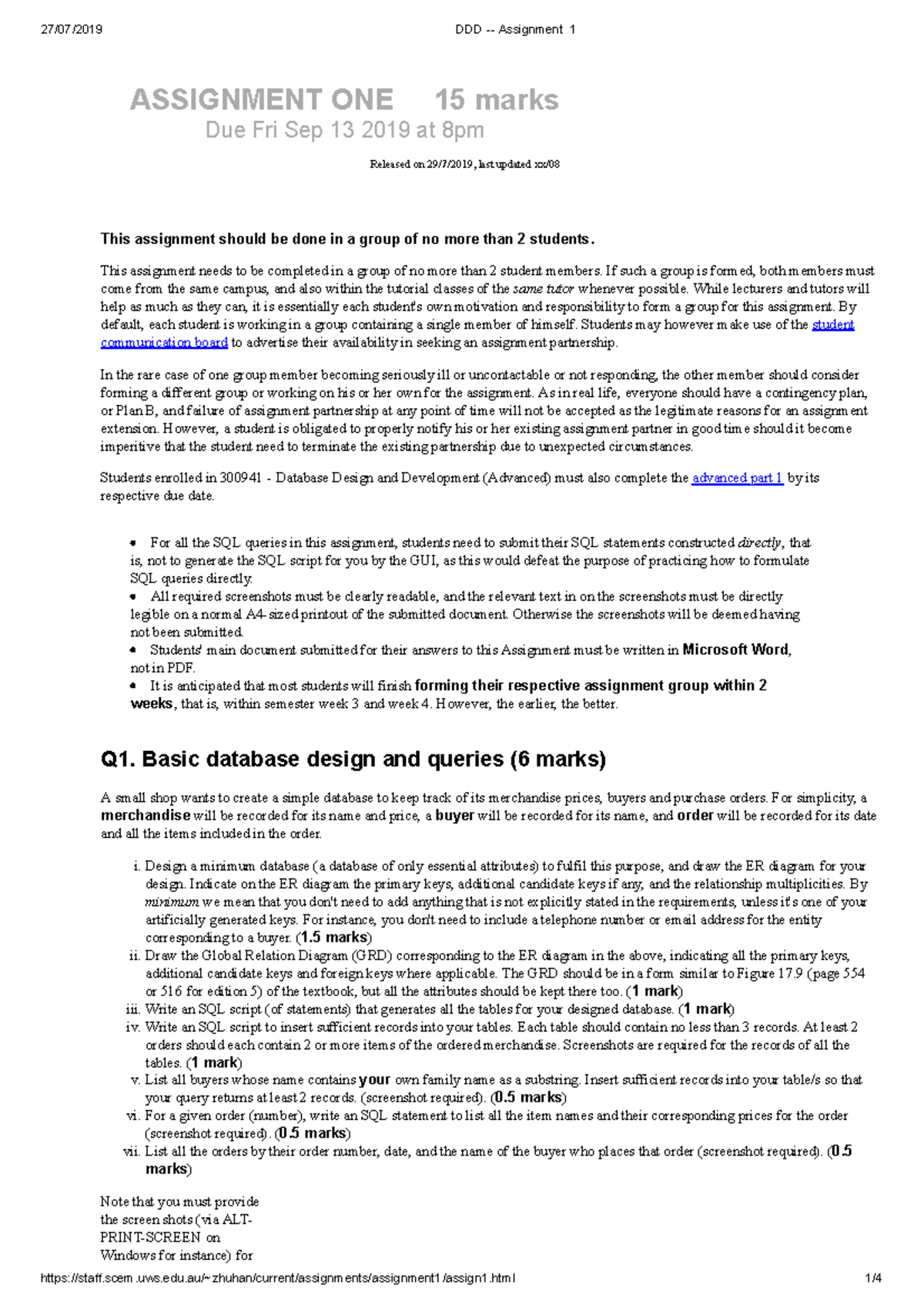 DDD - Assignment 1 - ASSIGNMENT ONE 15 marks Due Fri Sep 13 2019 at 8pm ...