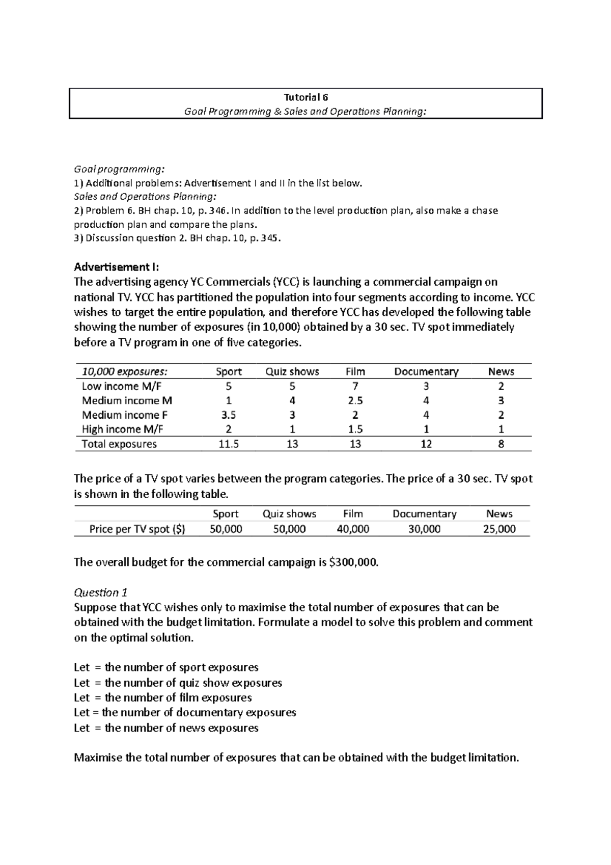 Tutorial 6 - Goal programming: 1) Additional problems: Advertisement I ...