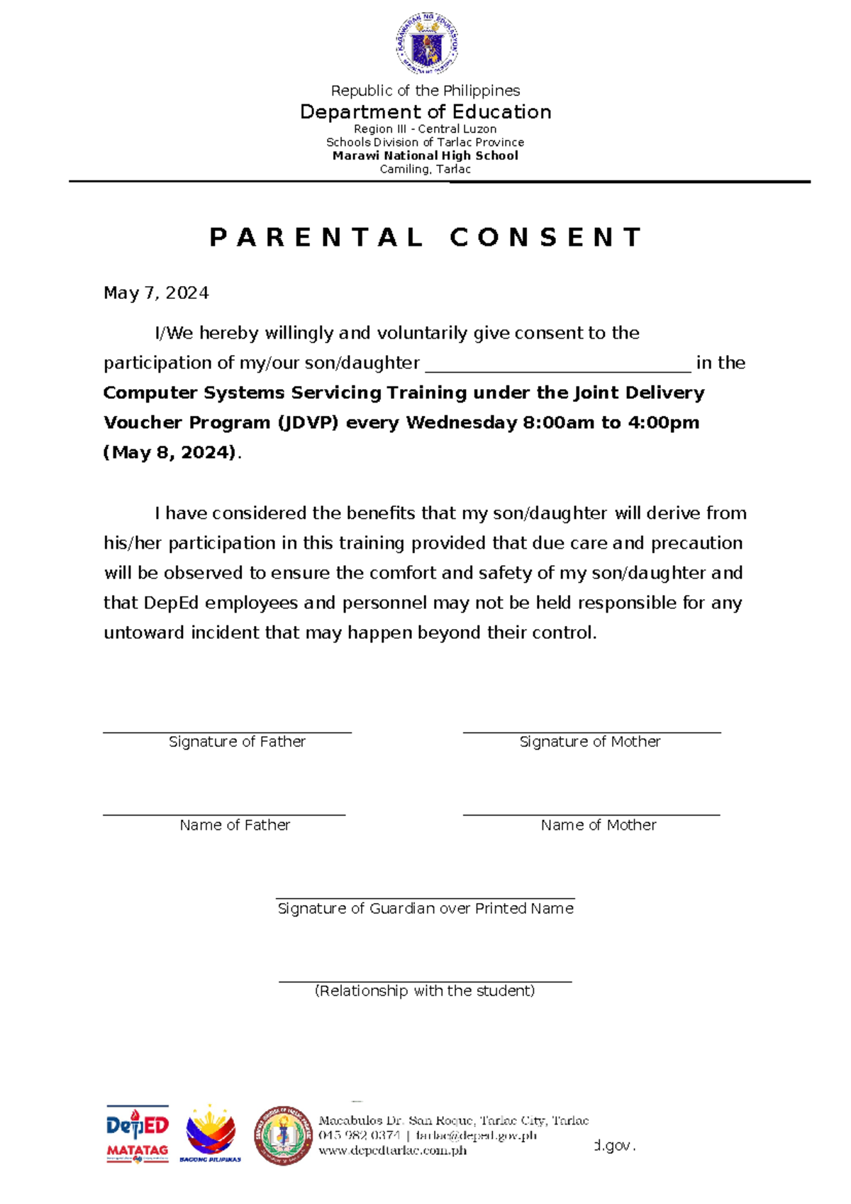 Parental consent - letter - Marawi, Camiling, Tarlac (045) 800- 300972 ...