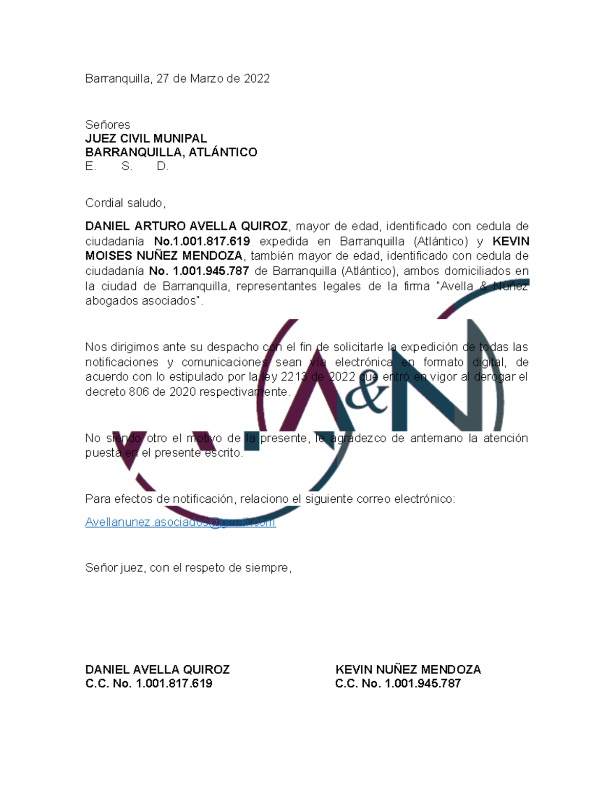 Solicitud de notificaciones Comercial - Barranquilla, 27 de Marzo de ...