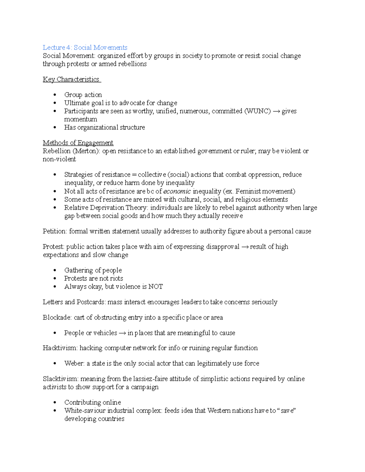 Lecture 4 - Lecture 4: Social Movements Social Movement: organized ...