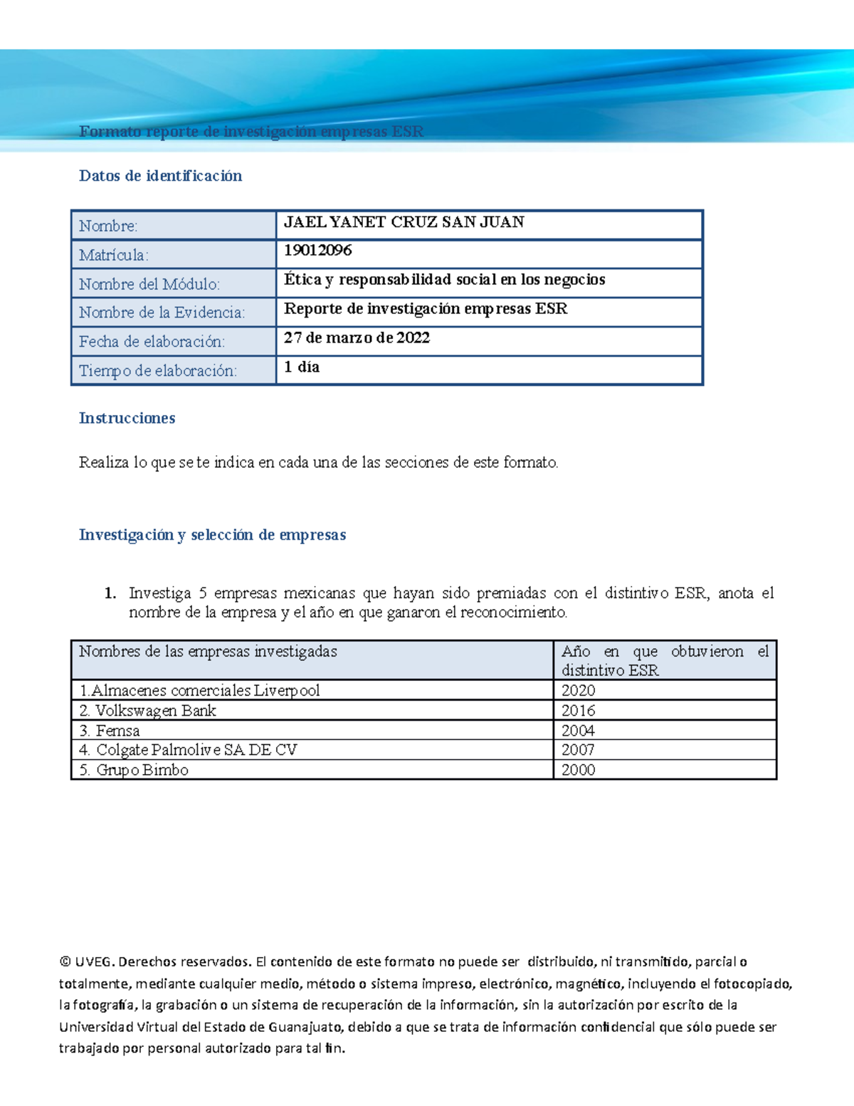Reporte investigacion - Formato reporte de investigación empresas ESR ...