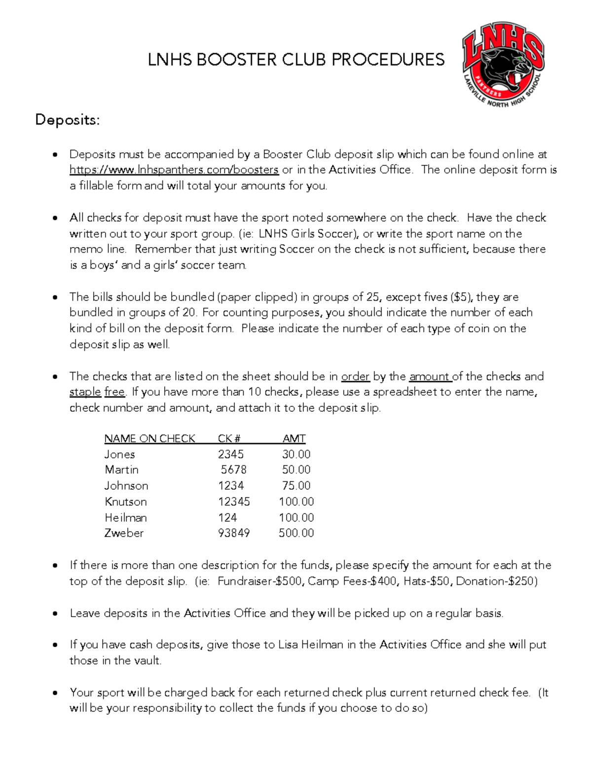 Booster Club Procedures - LNHS BOOSTER CLUB PROCEDURES Deposits ...