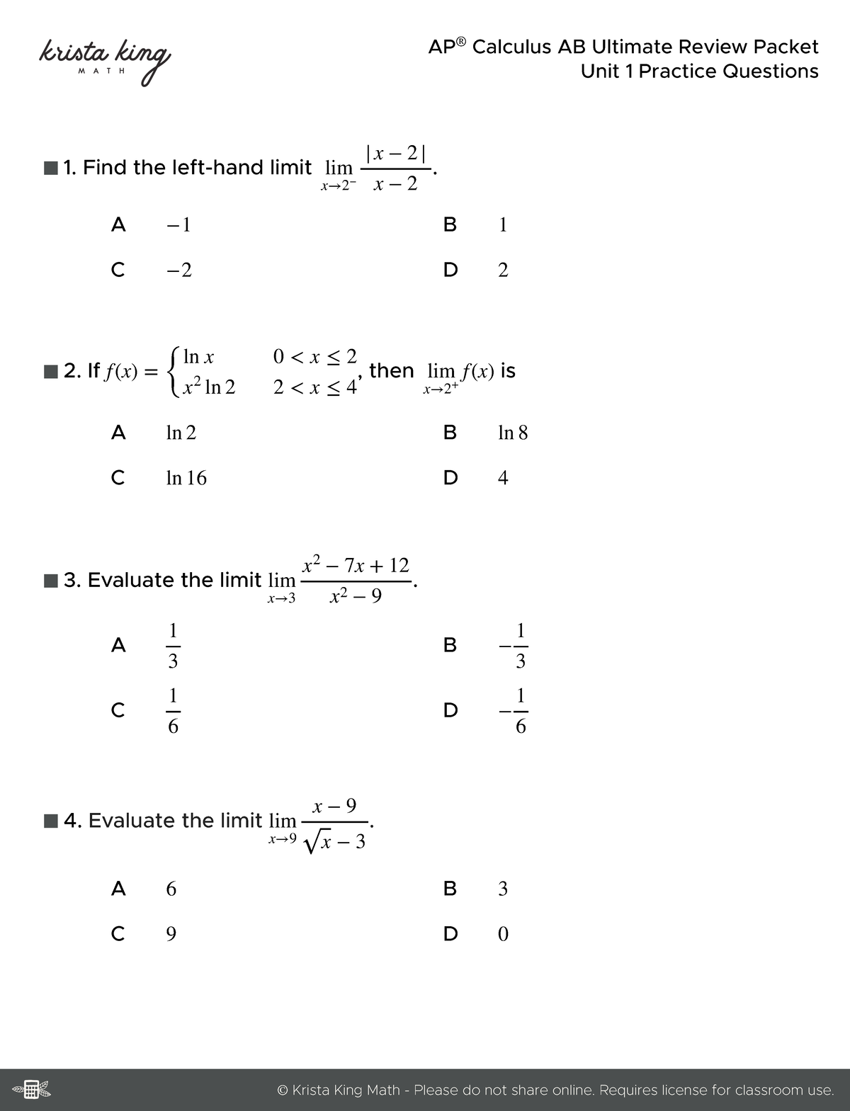 Unit 1 Practice Questions - Find the left-hand limit xlim→ 2 − | x x −− ...