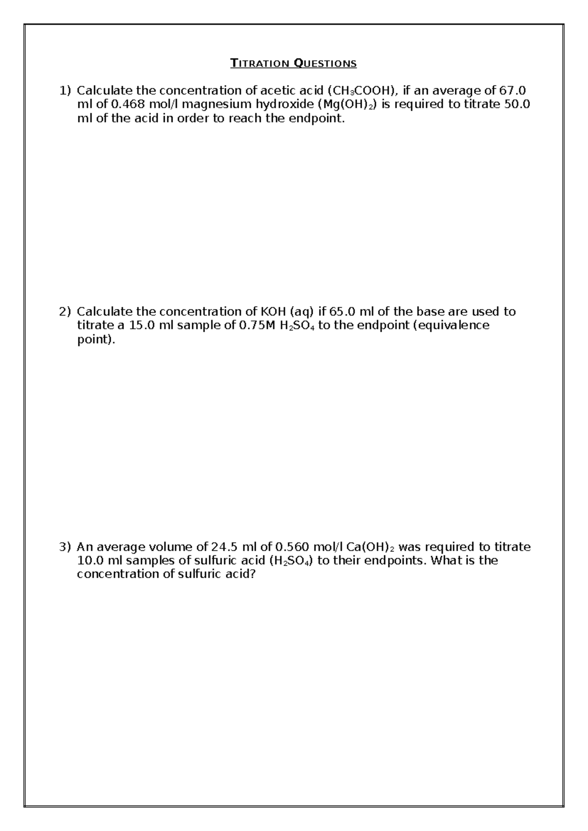 Additional harder Titration Questions - TITRATION QUESTIONS Calculate ...