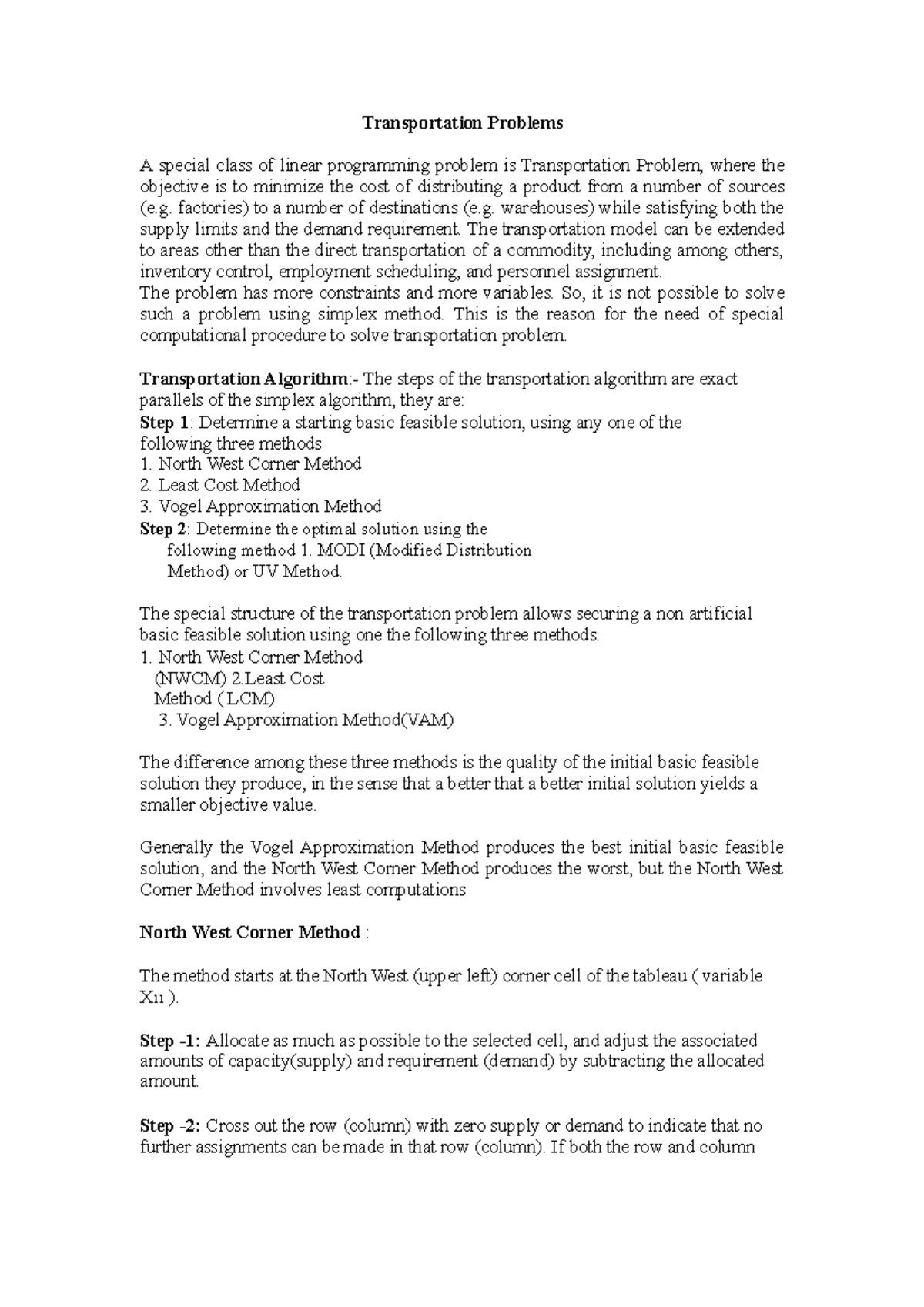 Transportation Problems - Operation Research - AMU - Studocu