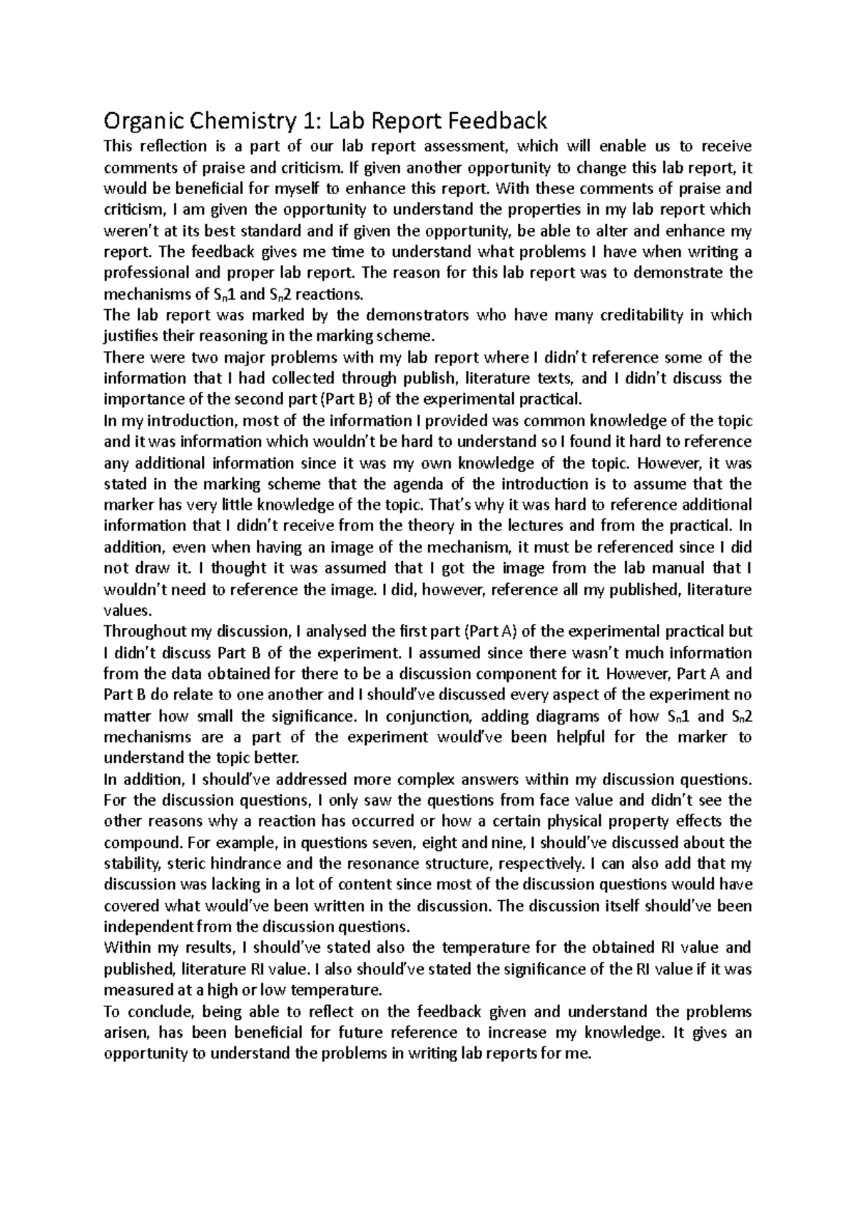 Org Chem Prac Report - Organic Chemistry 1: Lab Report Feedback This ...