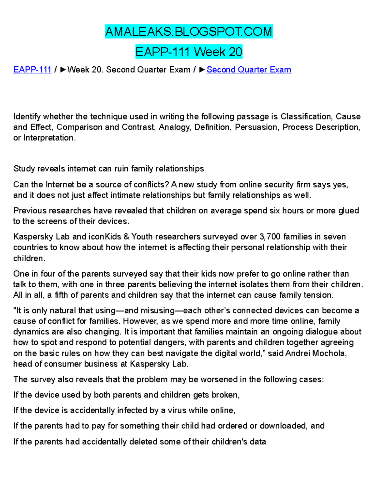 [ Amaleaks. Blogspot.COM] EAPP-111 Week 20 Second Quarter Exam - AMALEAKS.BLOGSPOT EAPP-111 Week ...