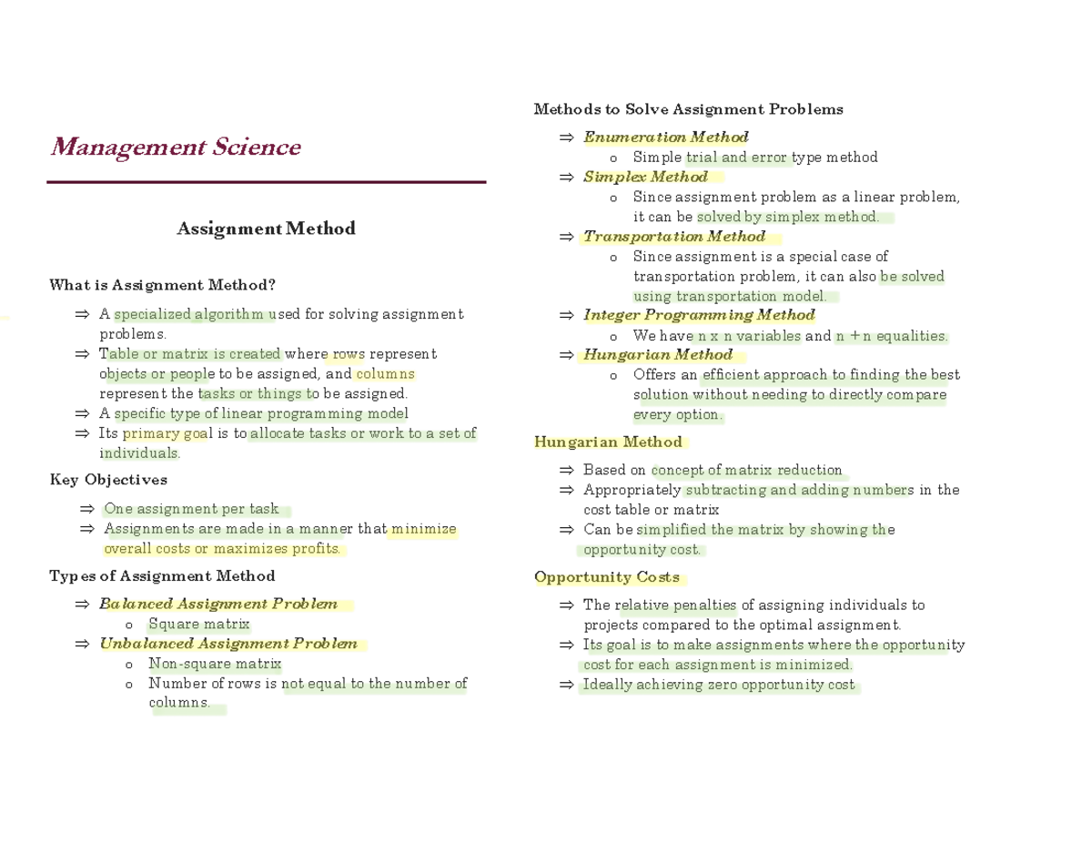 Management Science - Midterm - Management Science Assignment Method What is Assignment Method? A ...