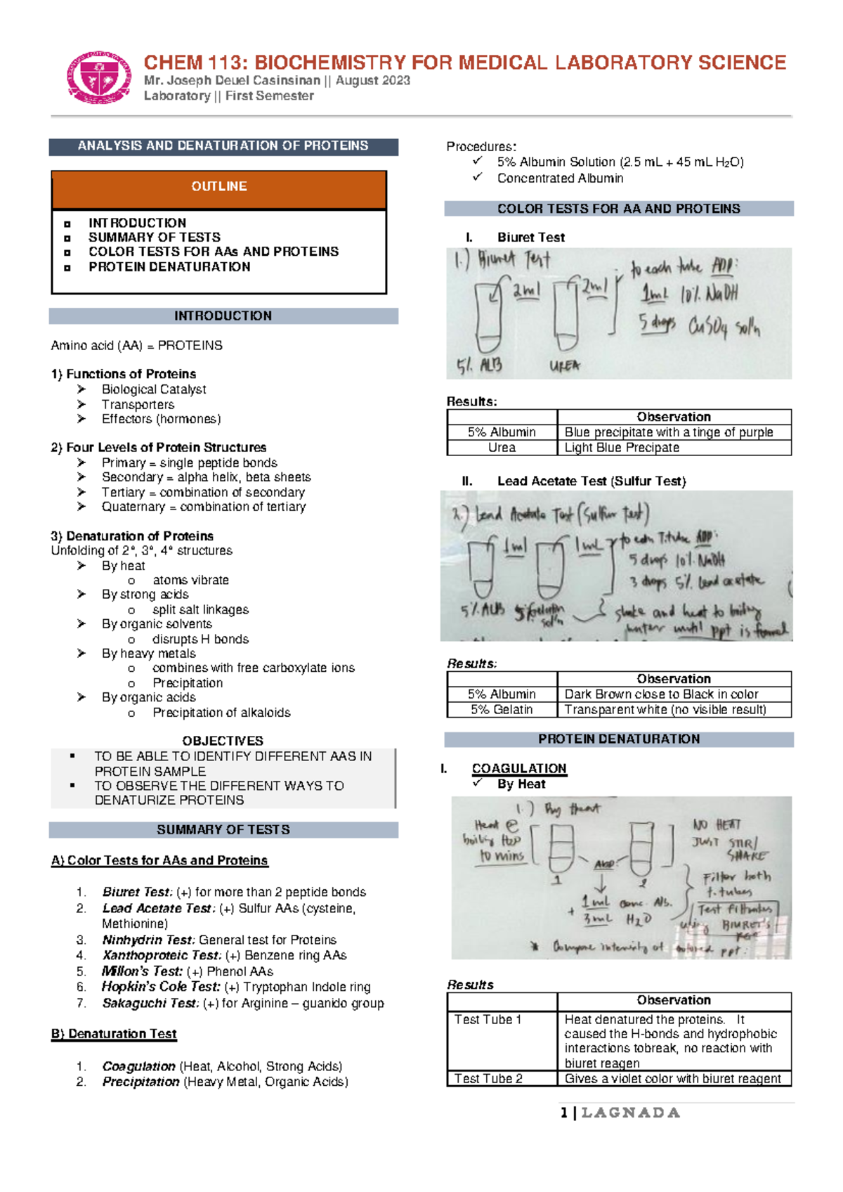 Wk 4 proteins - Lab - CHEM 113: BIOCHEMISTRY FOR MEDICAL LABORATORY ...