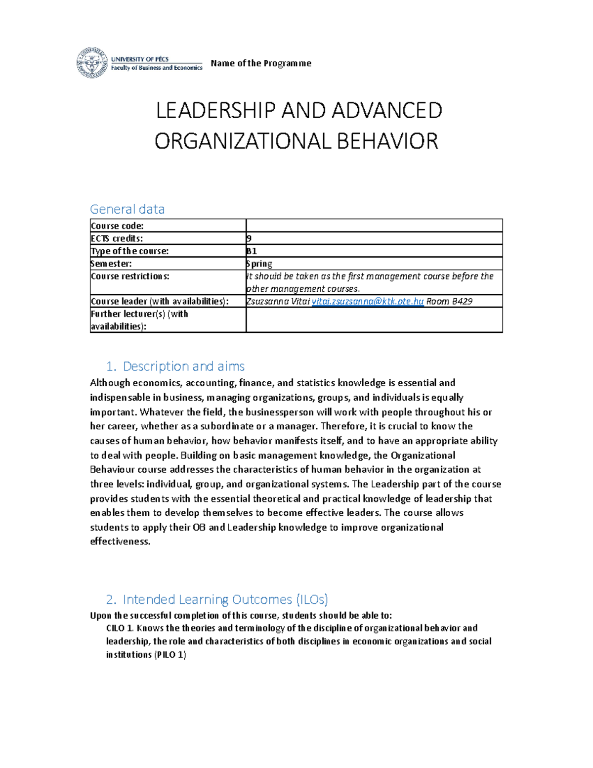 Laobsyllabus - Summary organizational behavior - LEADERSHIP AND ADVANCED ORGANIZATIONAL BEHAVIOR ...