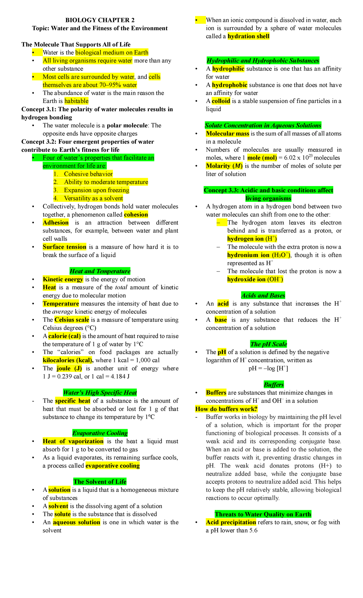 Biology Chapter 2 - NOTES - BIOLOGY CHAPTER 2 Topic: Water and the ...