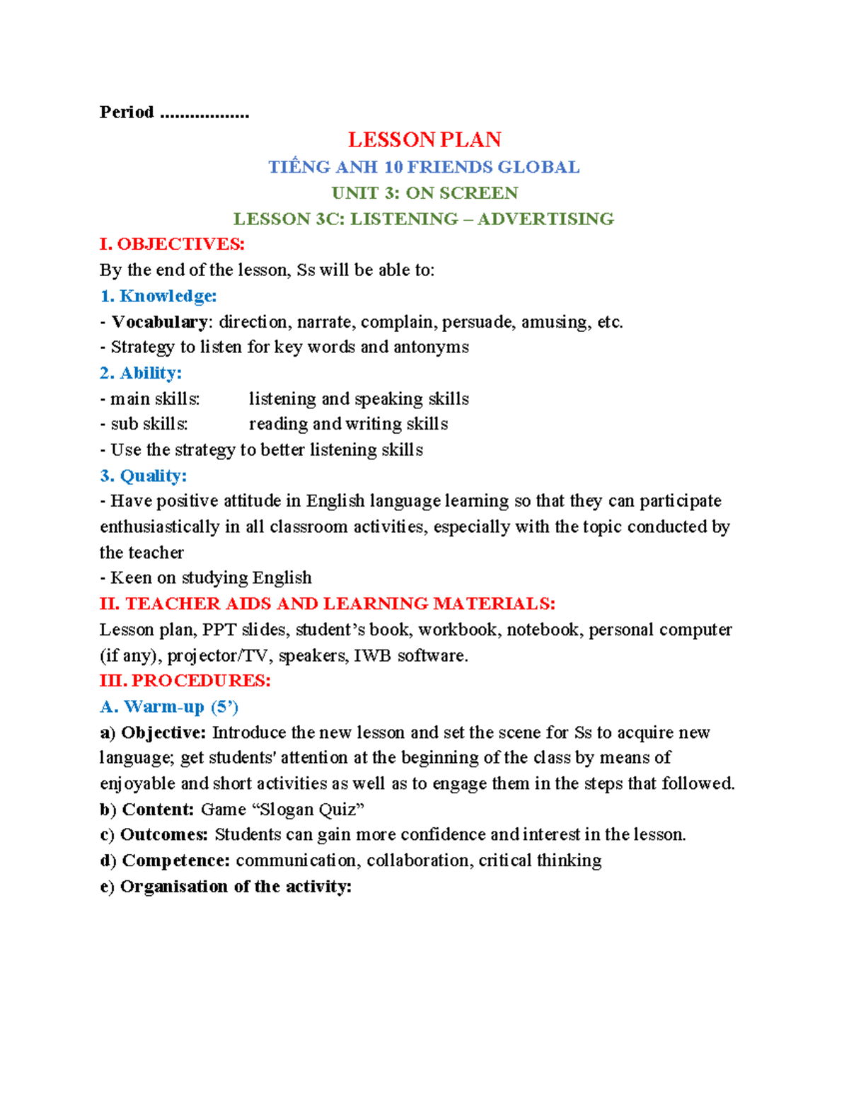Lessonplan-3C-G10 - Period .................. LESSON PLAN TIẾNG ANH 10 ...
