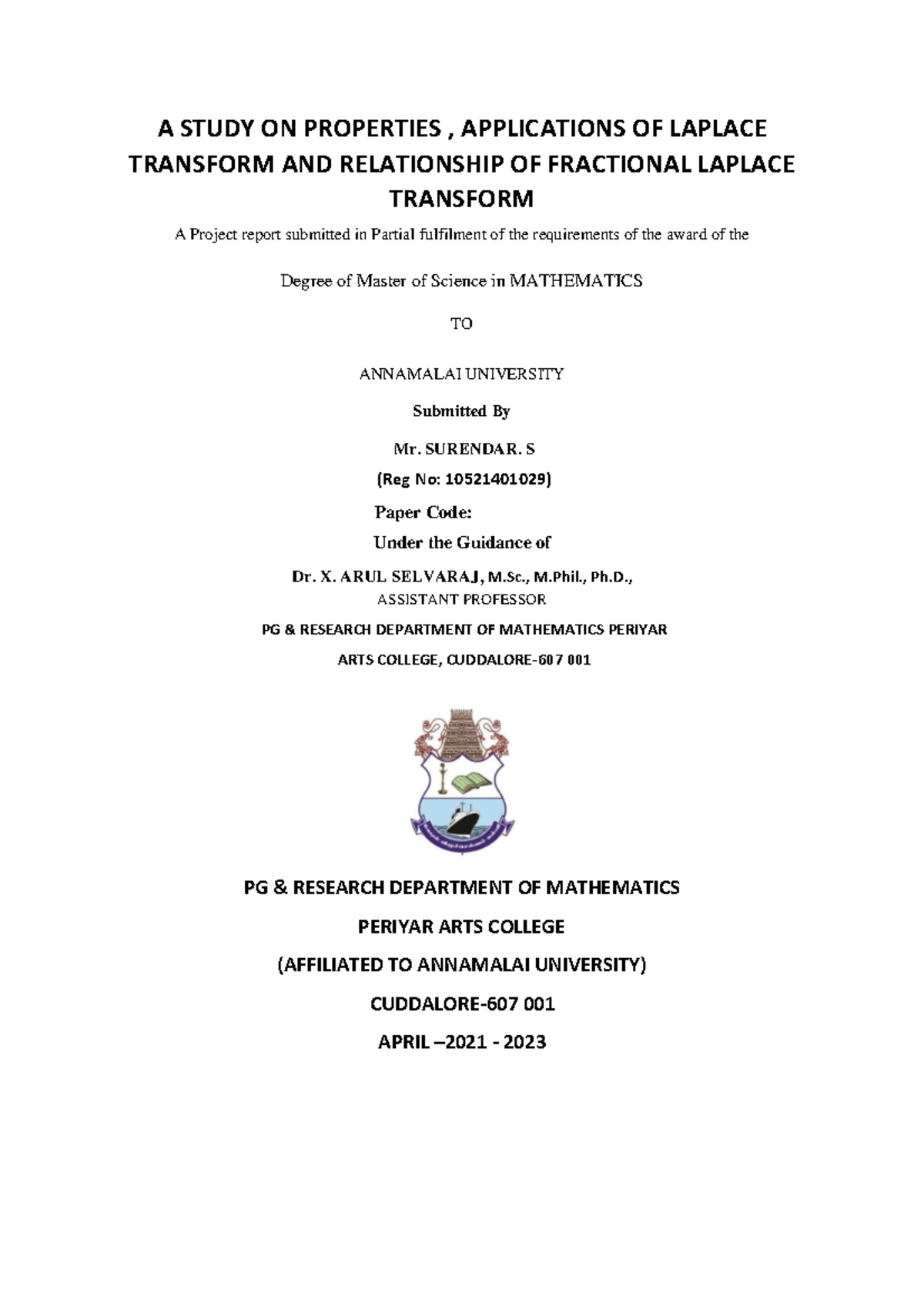 Laplace Transform (Project) - A STUDY ON PROPERTIES , APPLICATIONS OF ...