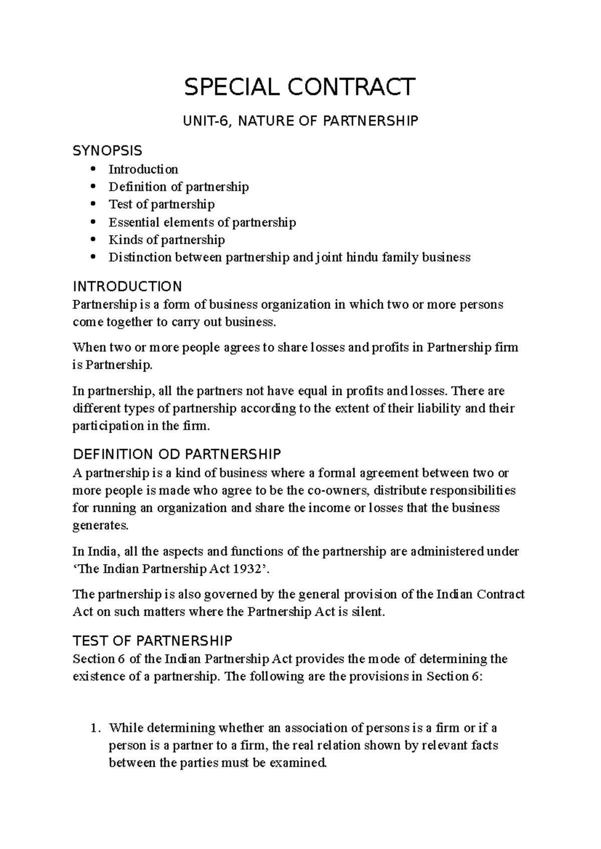 Unit 6 special contract - SPECIAL CONTRACT UNIT-6, NATURE OF PARTNERSHIP SYNOPSIS Introduction ...