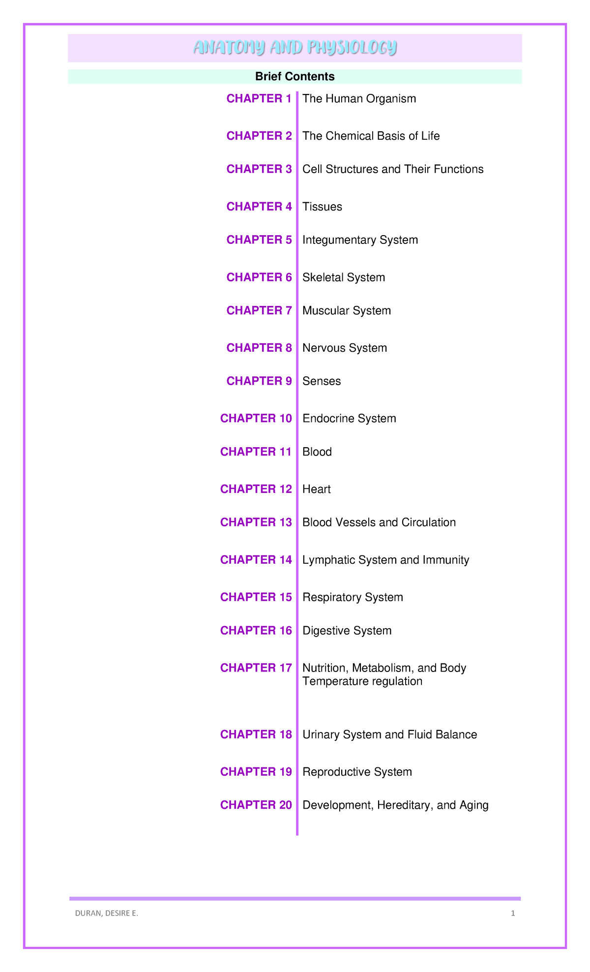 Anatomy AND Physiology Transes Chapter 1 - Brief Contents CHAPTER 1 The ...