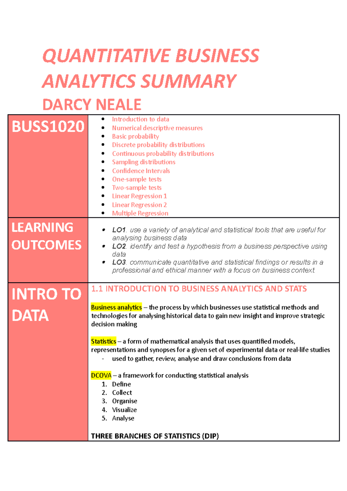 Quantitative Business Analytics Summary until mid sem - QUANTITATIVE ...