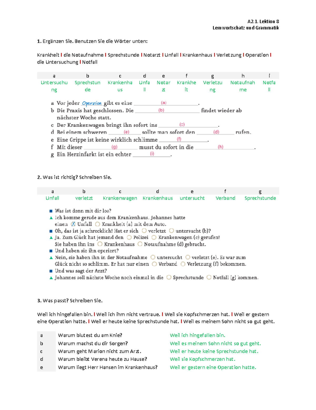 A2.1 Lektion 8 Schluessel - A2. Lektion 8 Lernwortschatz und Grammatik ...