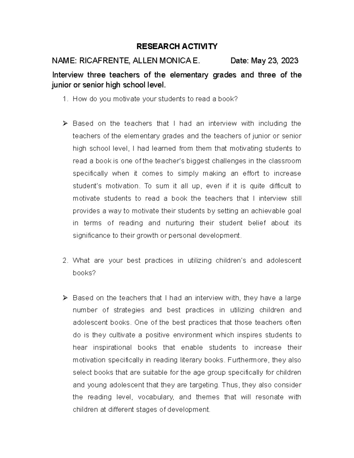 ENG 111 Research Activity - RESEARCH ACTIVITY NAME: RICAFRENTE, ALLEN ...