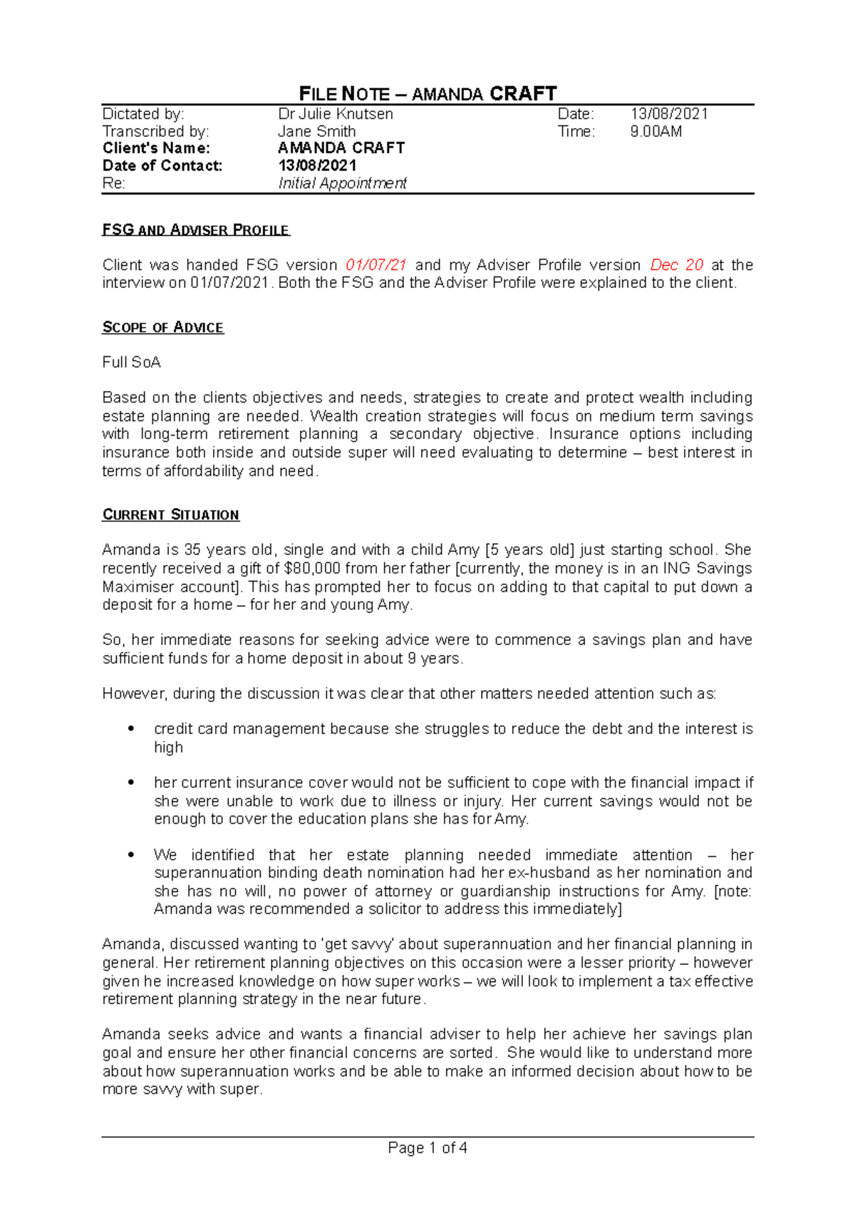 FILE NOTE Amanda - file note - FILE NOTE – AMANDA CRAFT Dictated by: Dr ...