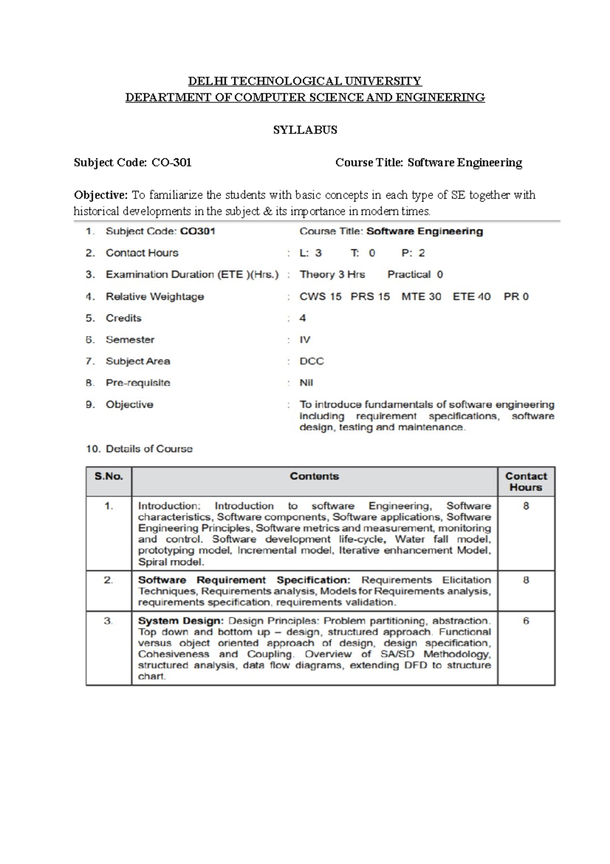 SE DTU Lecture plan and syllabus - DELHI TECHNOLOGICAL UNIVERSITY ...