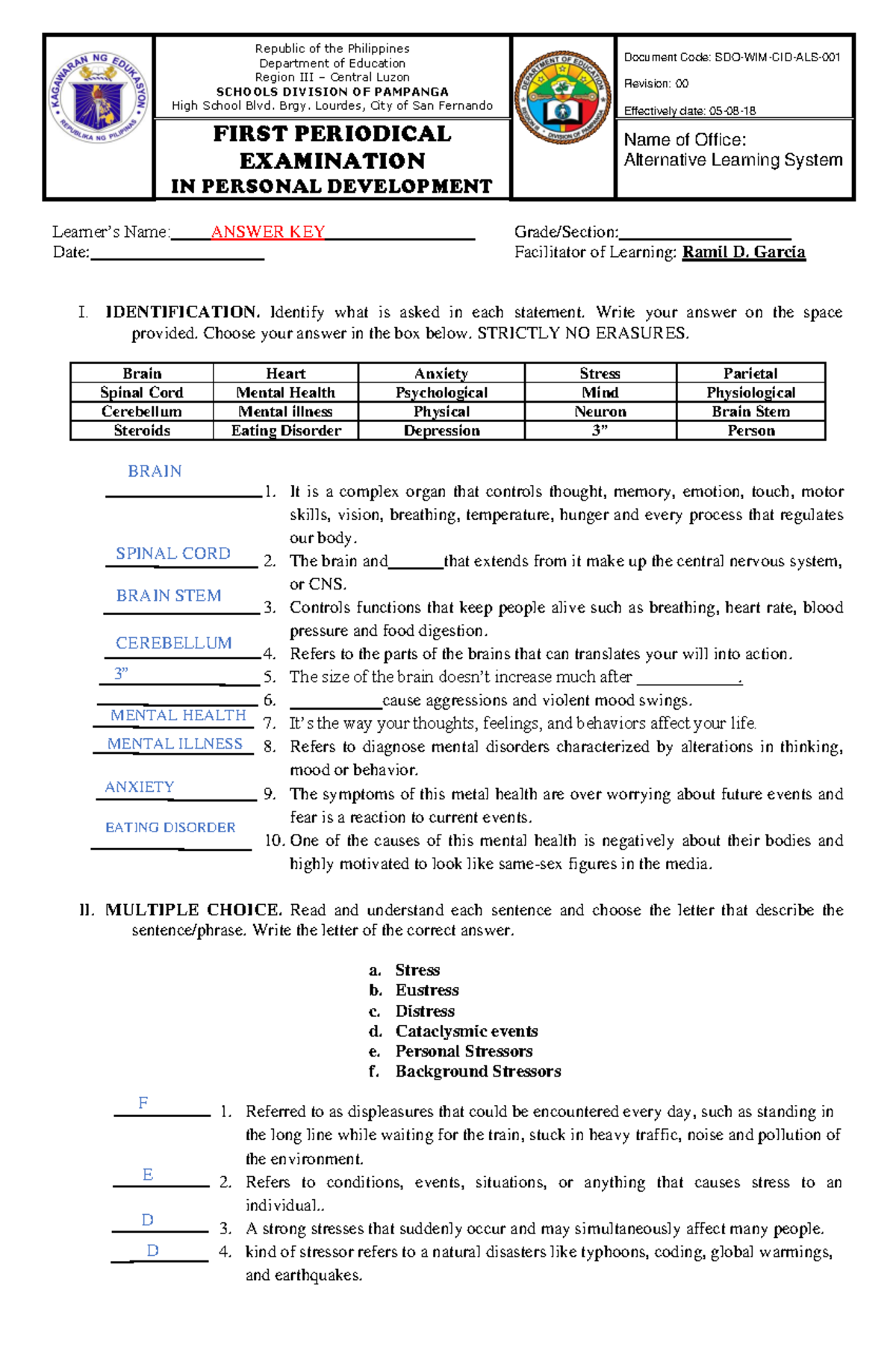 ALS- Answer KEY - Learner’s Name: ANSWER KEY Grade/Section: Date ...