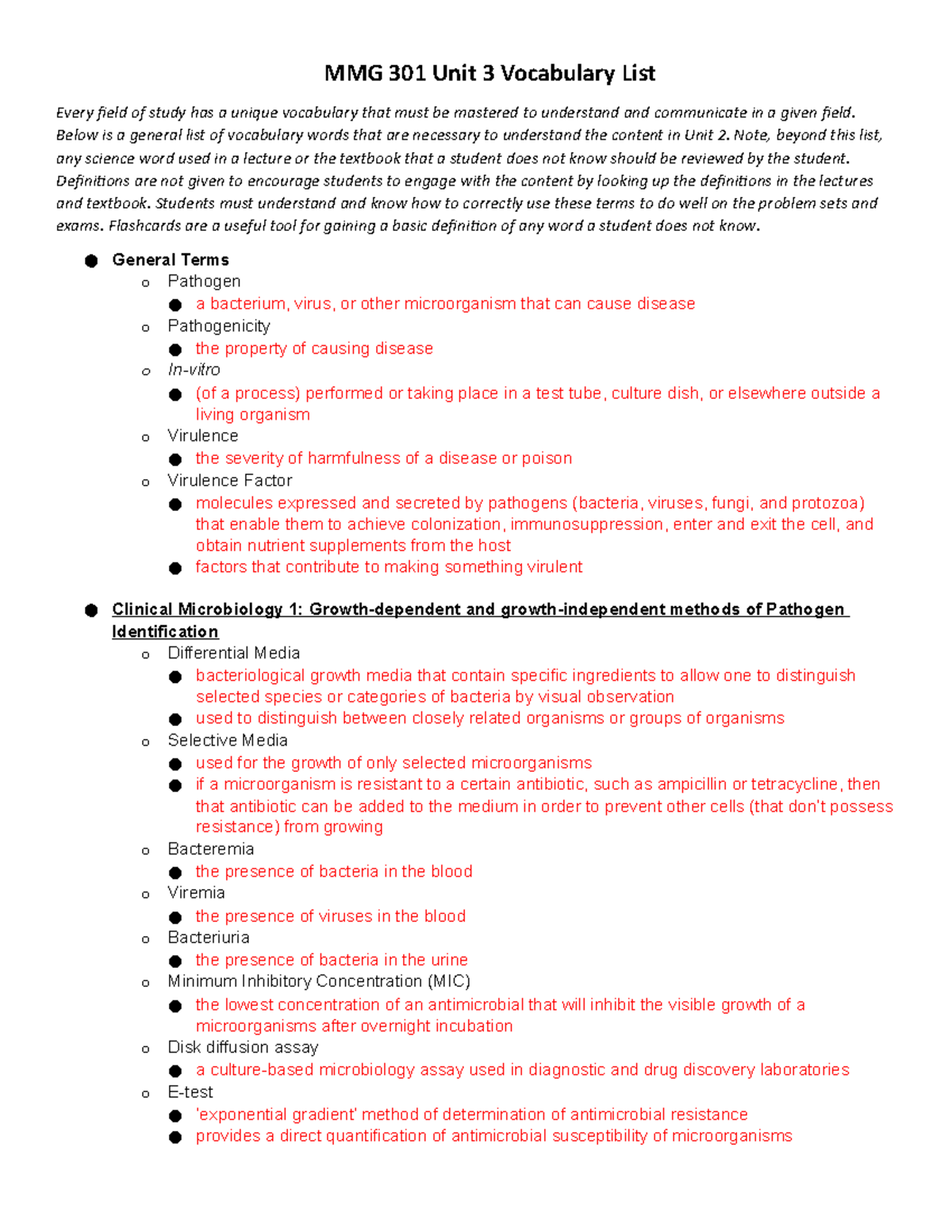 MMG 301 Unit 3 Vocab Student - MMG 301 Unit 3 Vocabulary List Every ...
